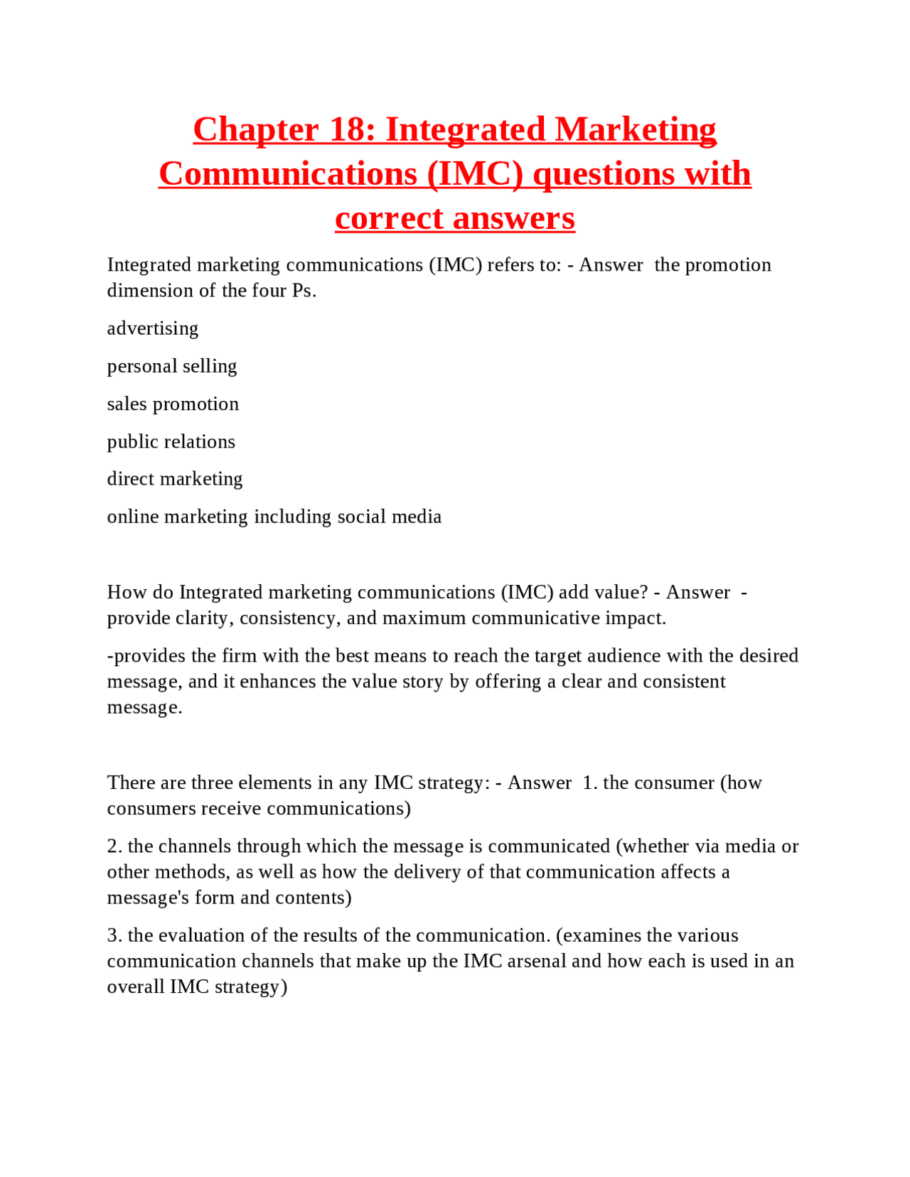 Chapter 18: Integrated Marketing Communications (IMC) questions with ...