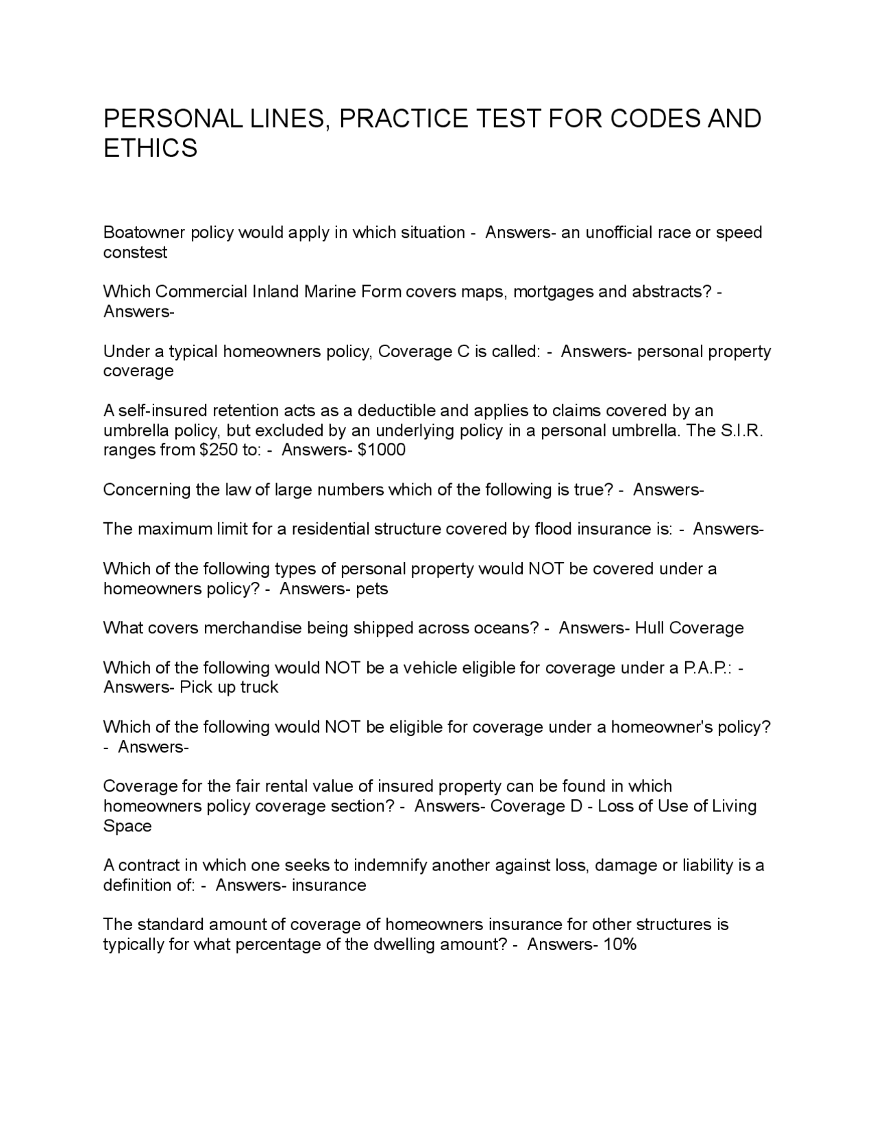 Insurance Codes and Ethics: Practice Test | Exams Social Sciences | Docsity