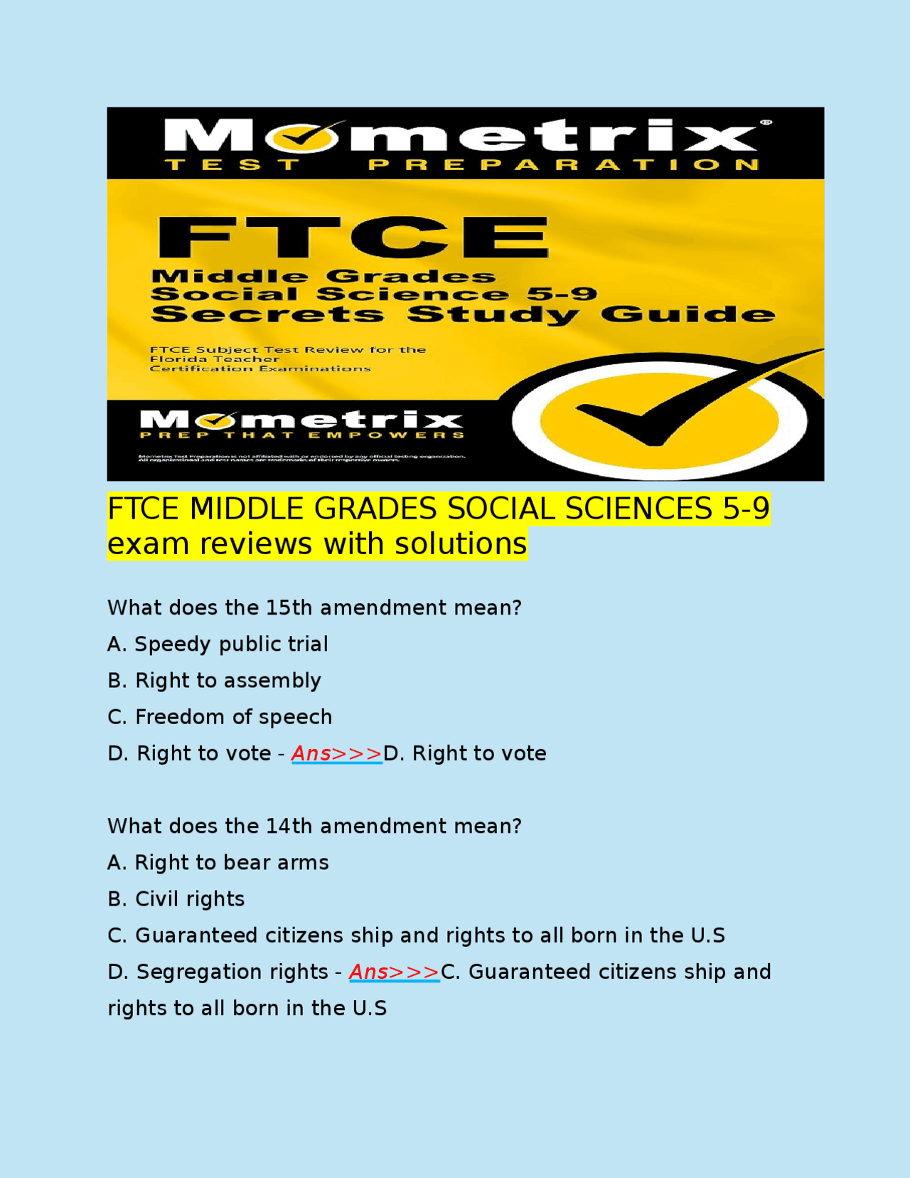 FTCE Middle Grades Social Sciences 5-9 Exam Review with Solutions ...