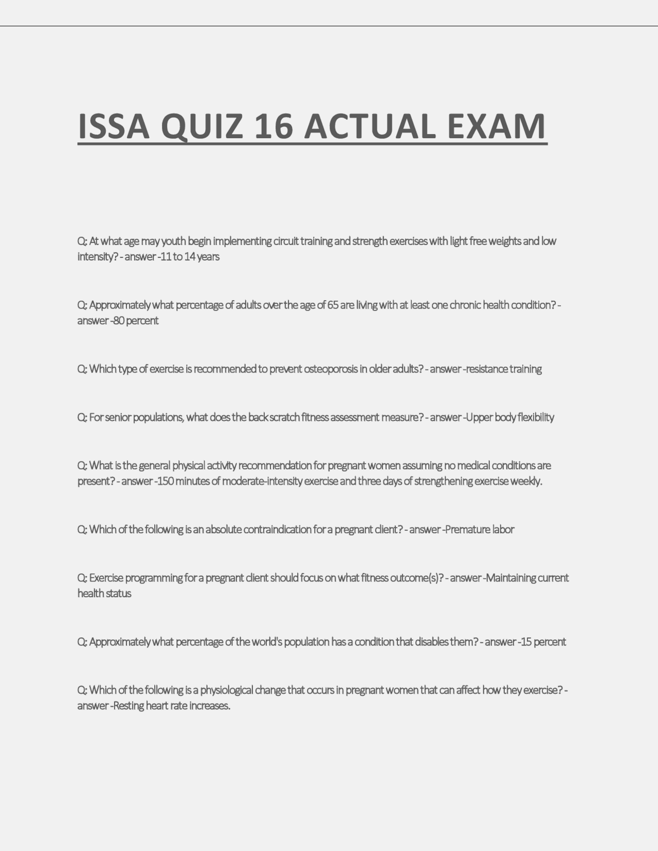 ISSA QUIZ 16 ACTUAL EXAM | Exams Nursing | Docsity