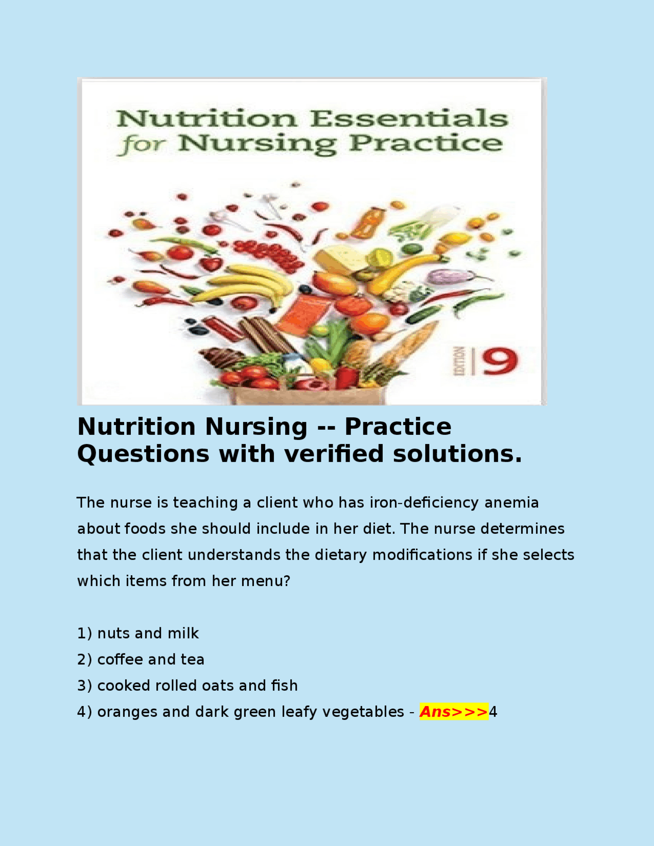 Nutrition Nursing Practice Questions with Verified Solutions | Exams ...
