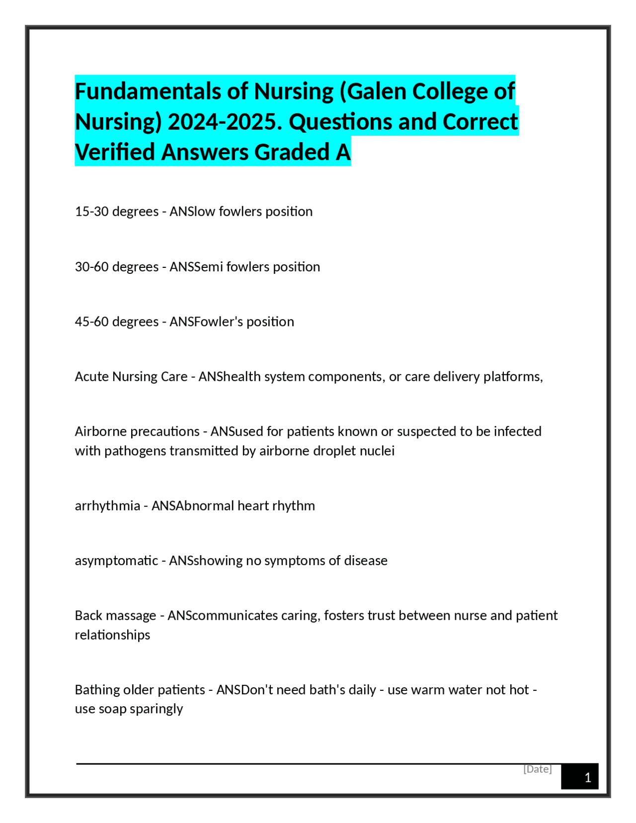 Fundamentals of Nursing (Galen College of Nursing) 2024-2025. Questions ...