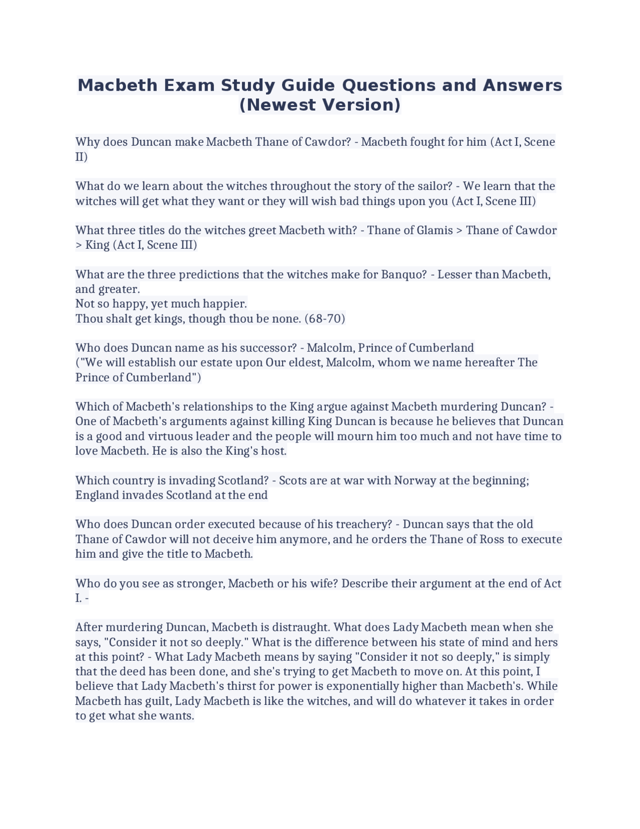 Macbeth Exam Study Guide Questions and Answers (Newest Version) | Exams ...
