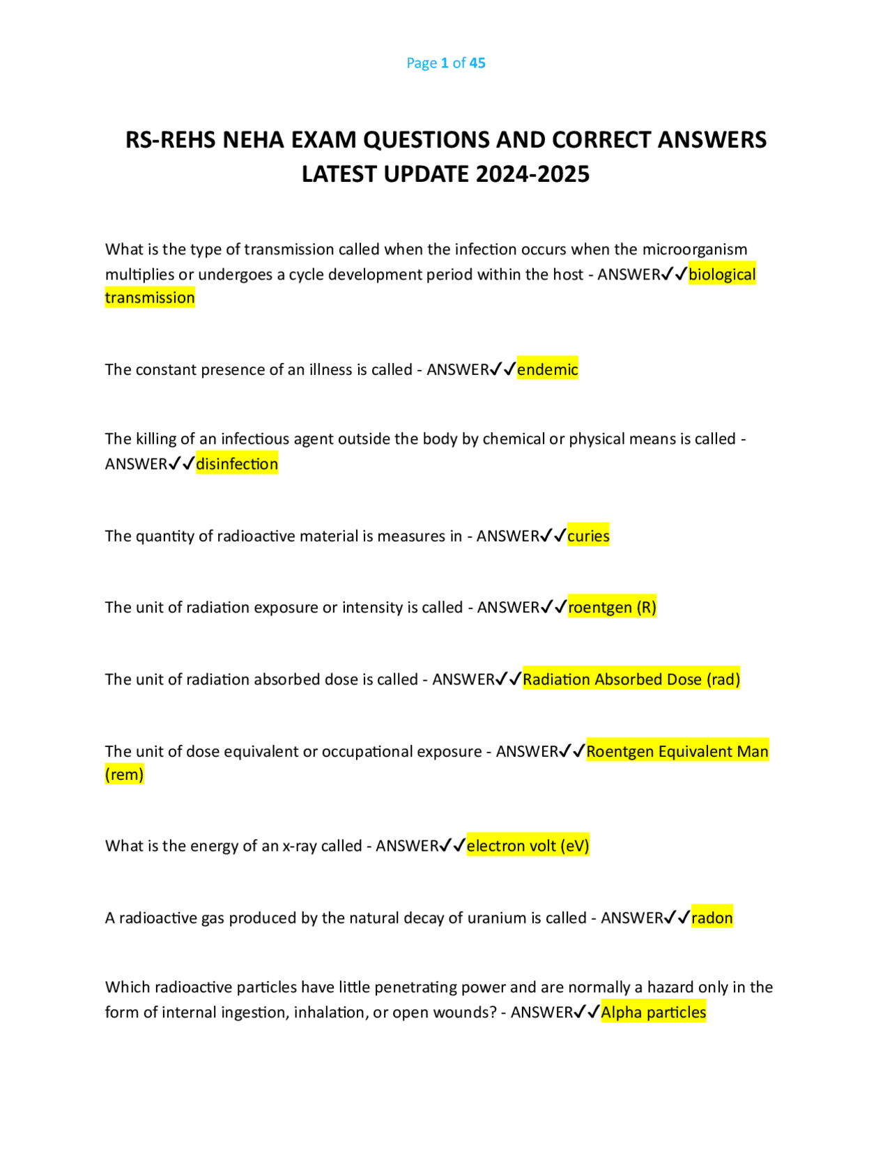RS-REHS NEHA EXAM QUESTIONS AND CORRECT ANSWERS LATEST UPDATE 2024-2025 ...