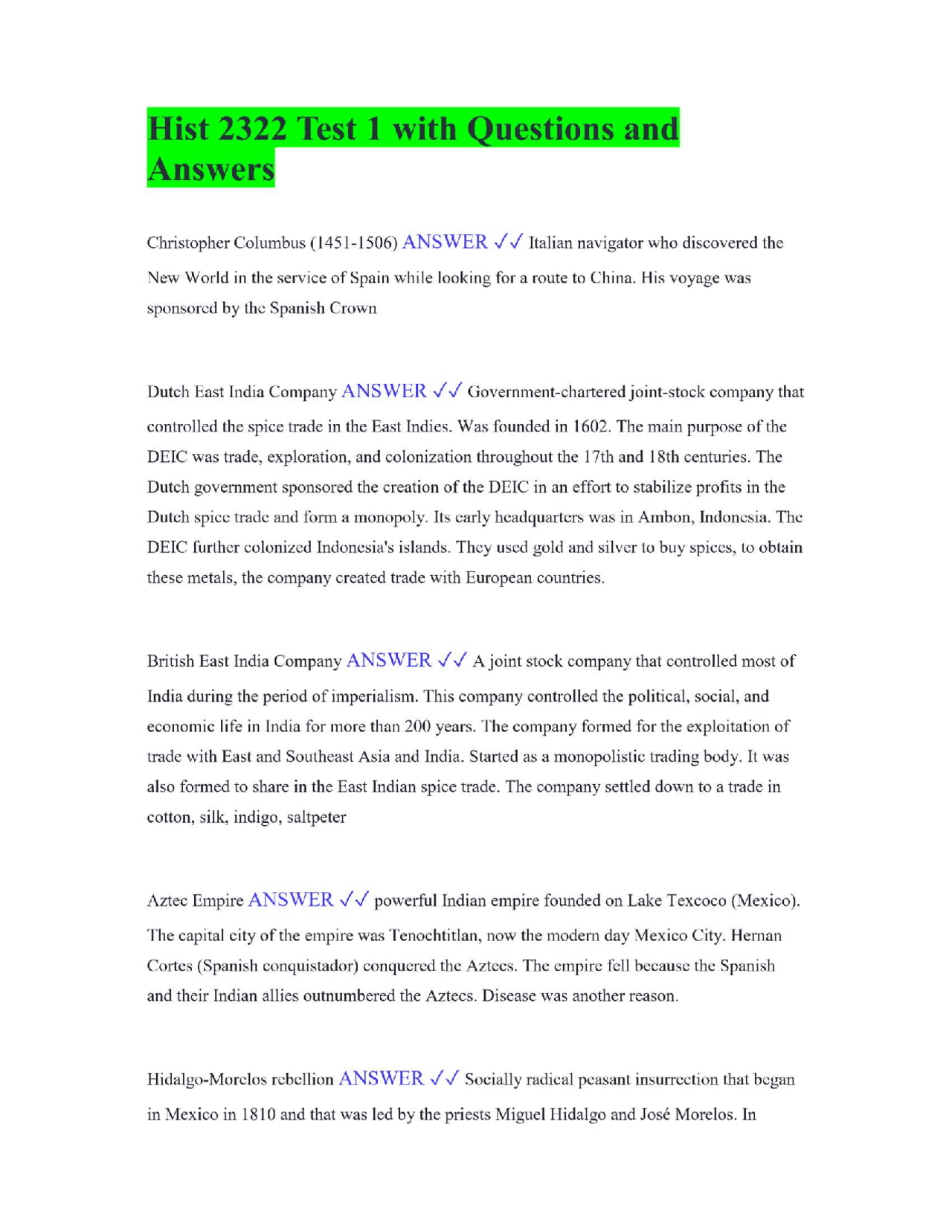 Hist 2322 Test 1 with Questions and Answers | Exams Humanities | Docsity