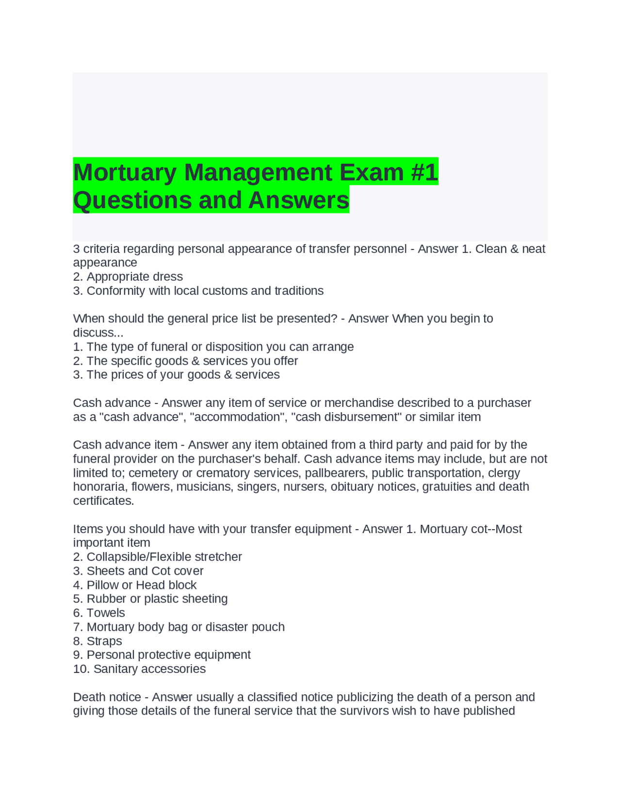Mortuary Management Exam #1 Questions and Answers | Exams Advanced ...