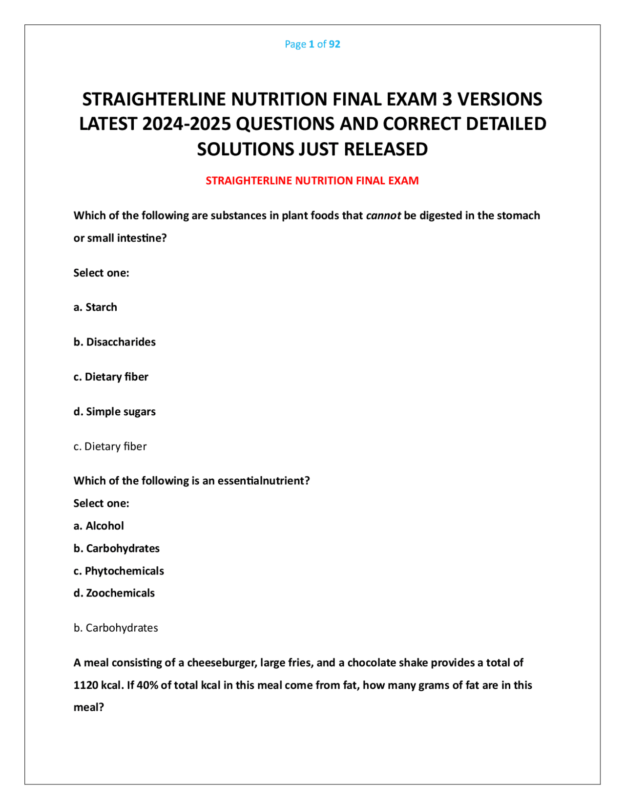 Straighterline Nutrition Final Exam: Multiple Choice Questions and Answers | Exams Nursing | Docsity