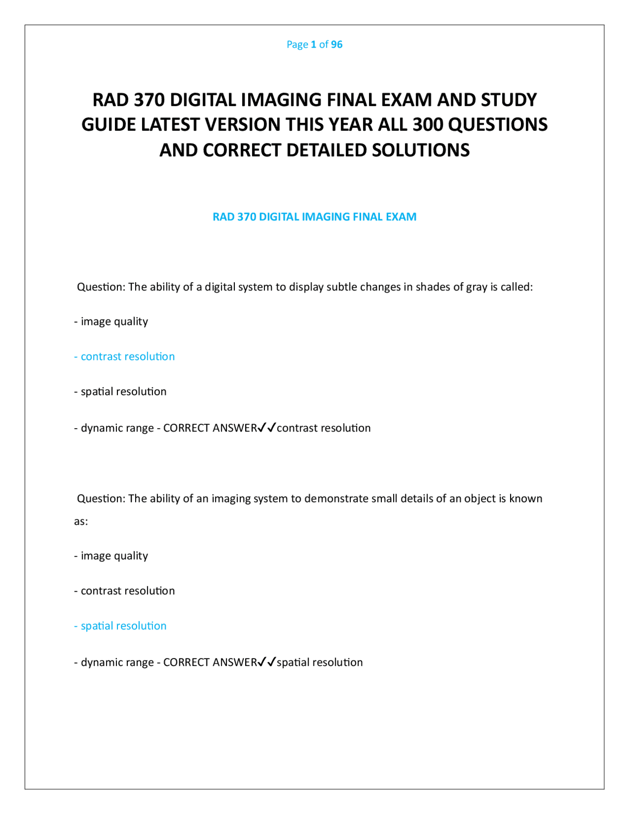 RAD 370 Digital Imaging Final Exam and Study Guide: 300 Questions and ...