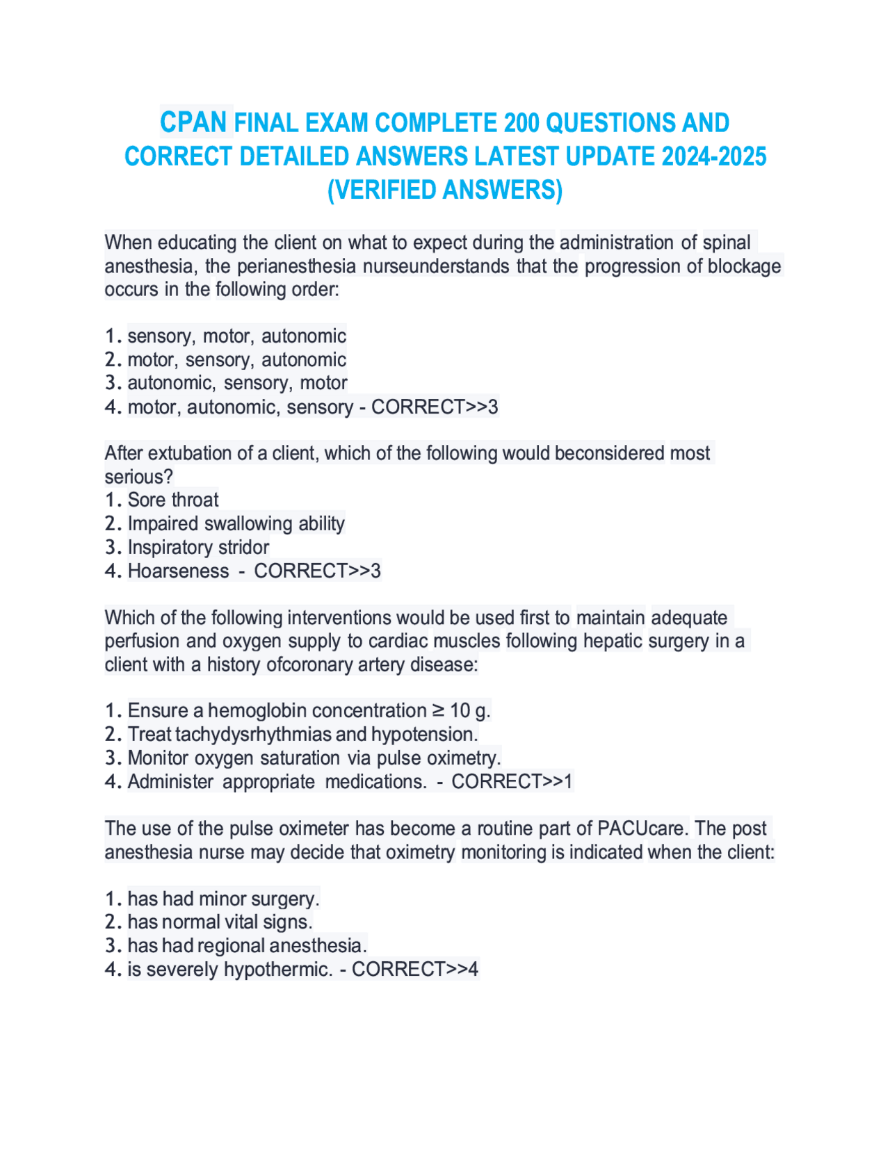 CPAN FINAL EXAM COMPLETE 200 QUESTIONS AND CORRECT DETAILED ANSWERS ...
