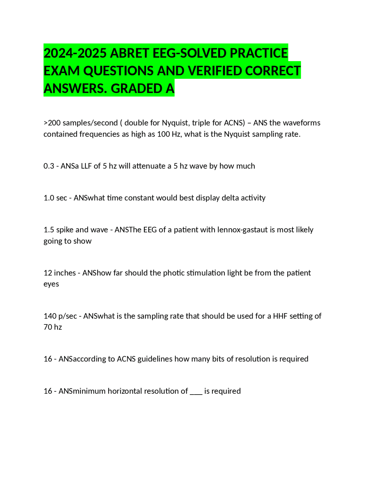 2024-2025 ABRET EEG-SOLVED PRACTICE EXAM QUESTIONS AND VERIFIED CORRECT ...