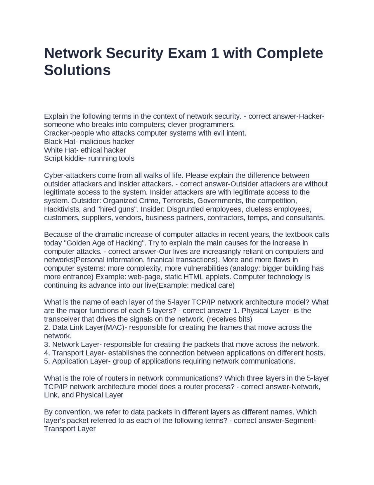 Network Security Exam 1 with Complete Solutions | Exams Advanced Education | Docsity