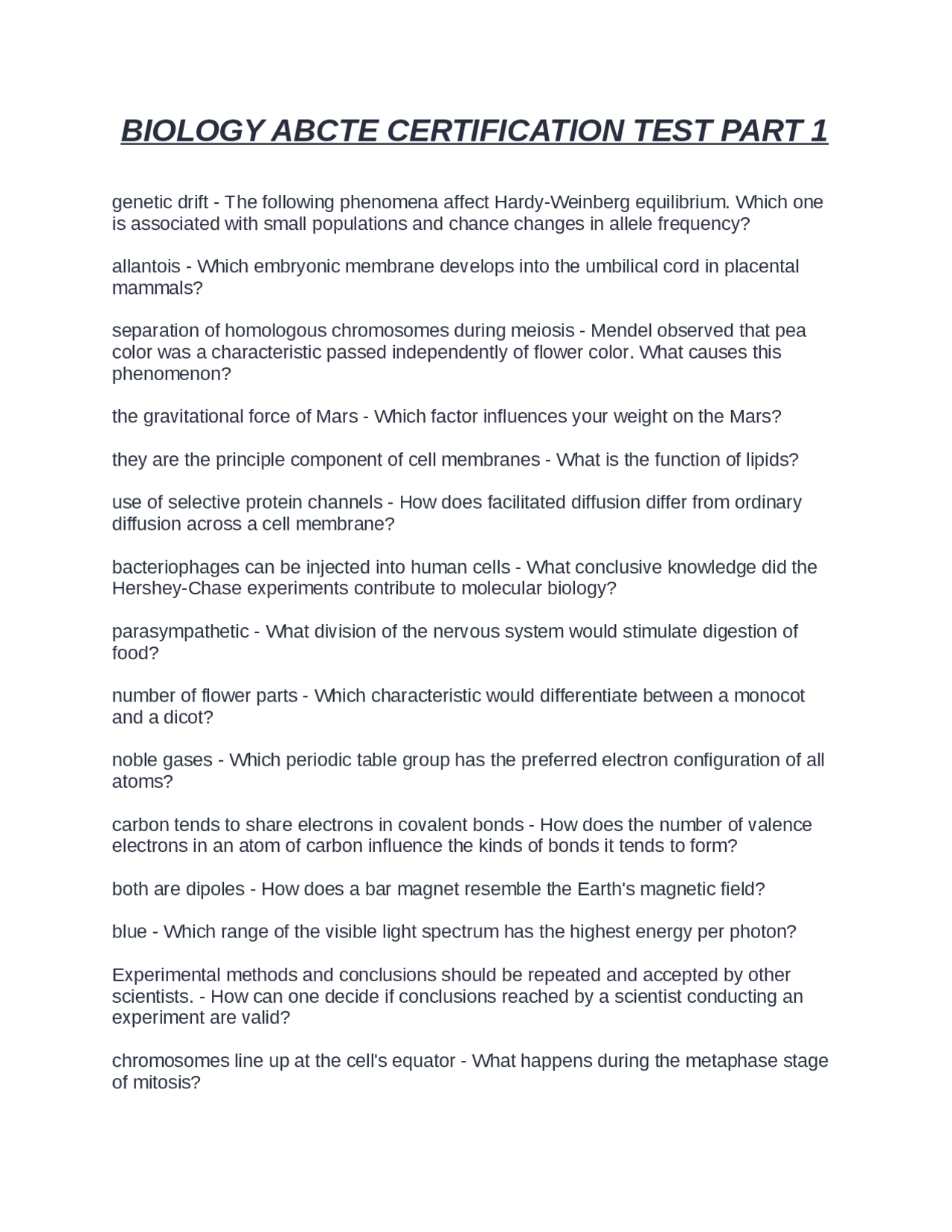 Biology ABCTE Certification Test Part 1: Multiple Choice Questions and ...