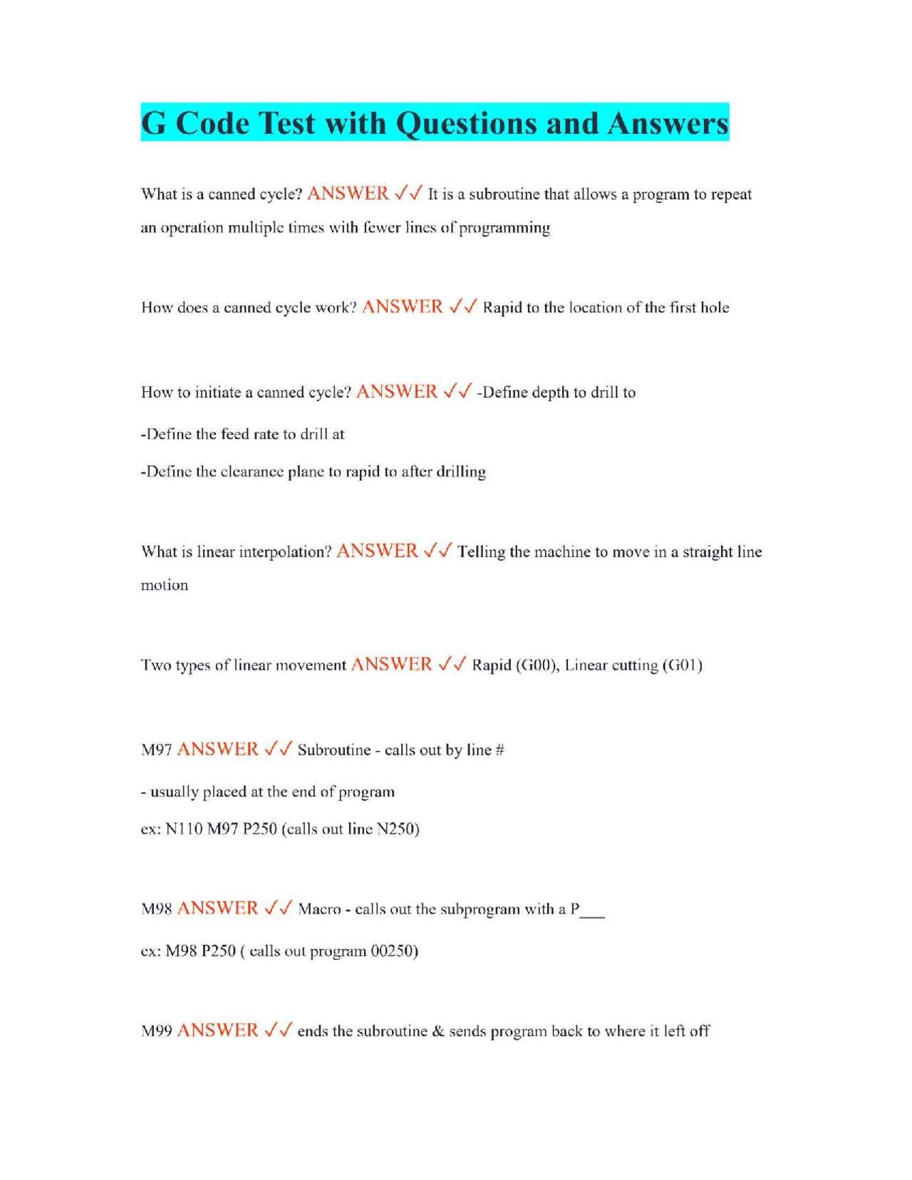 G Code Test with Questions and Answers | Exams Engineering | Docsity