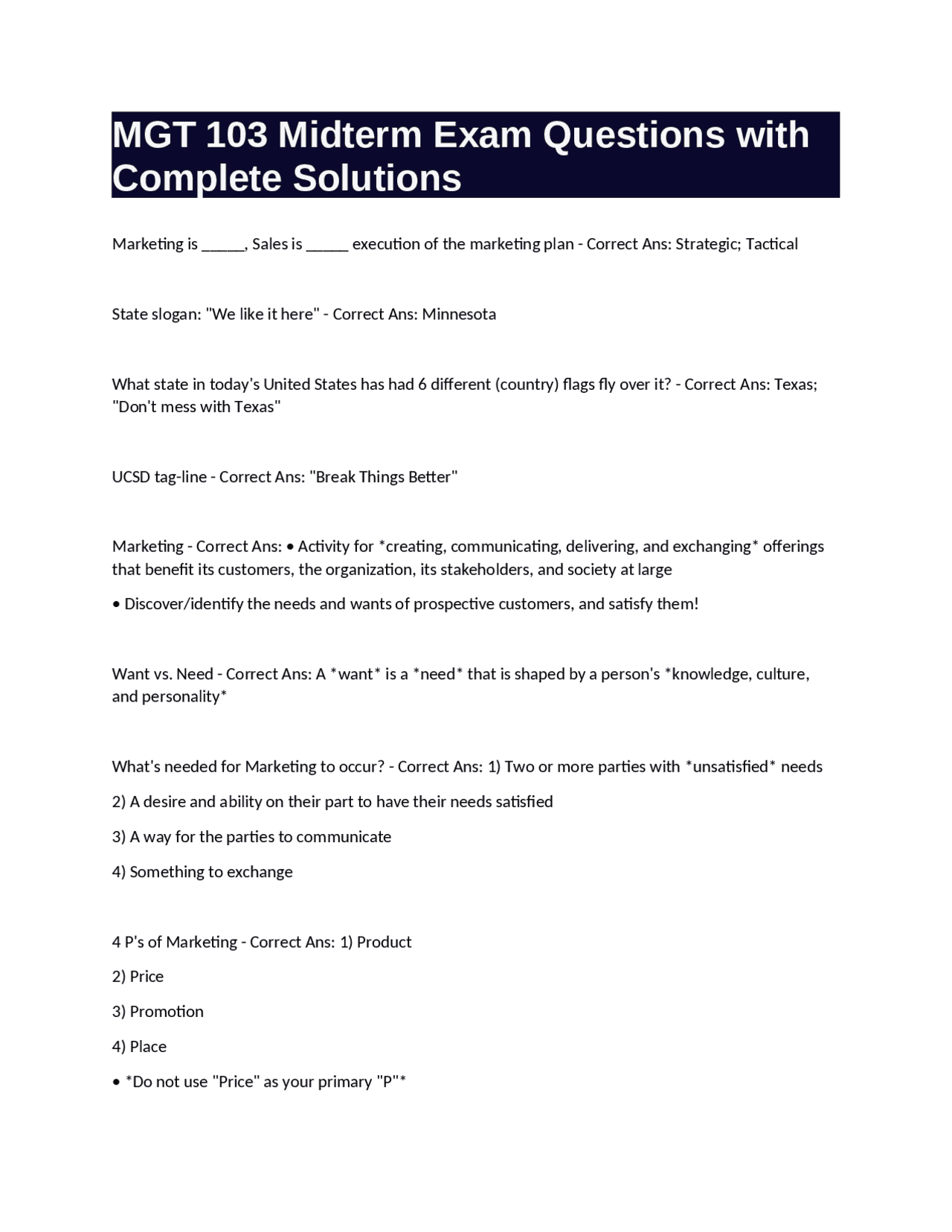 MGT 103 Midterm Exam Questions and Answers: Marketing and Business ...