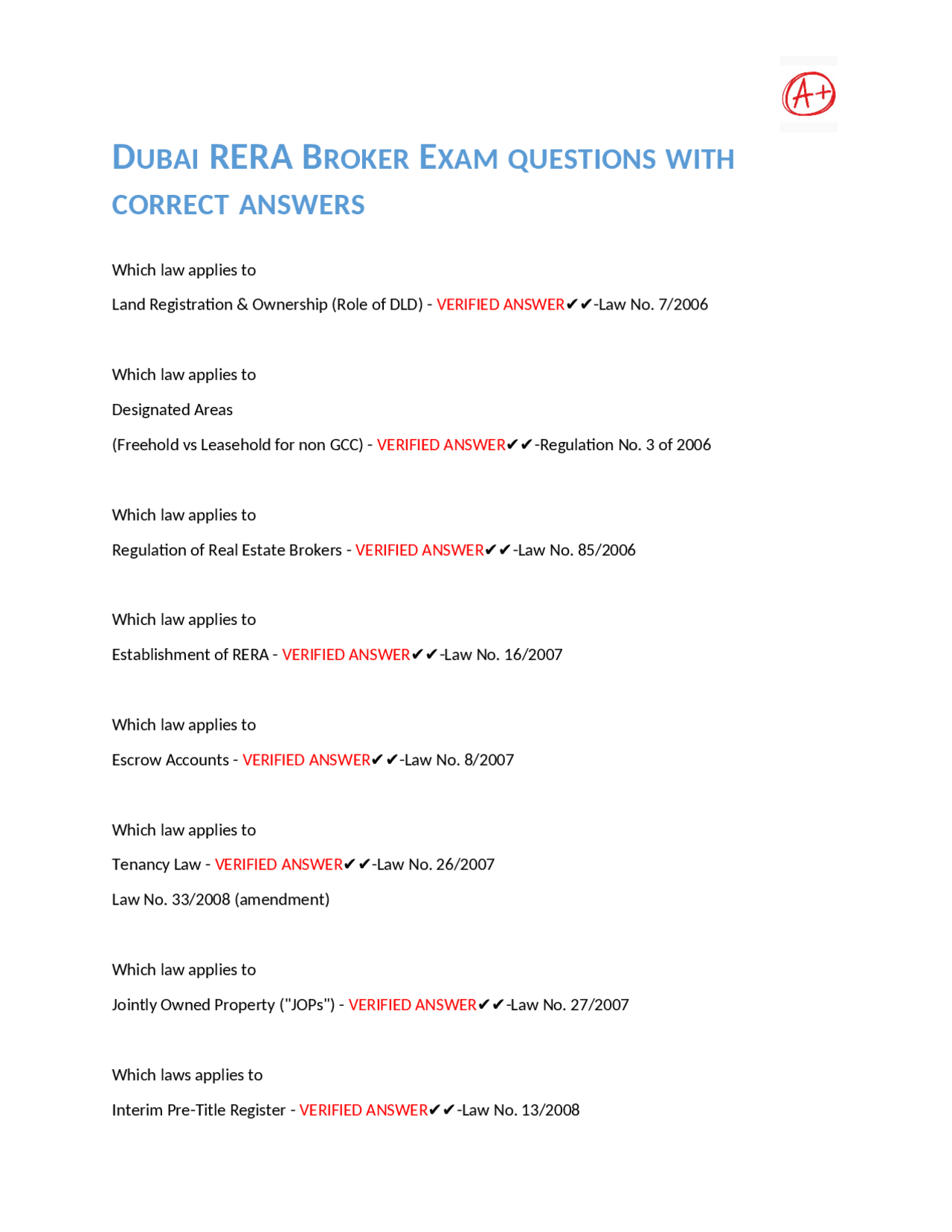 Dubai Real Estate Regulatory Authority (RERA) Exam Questions and ...