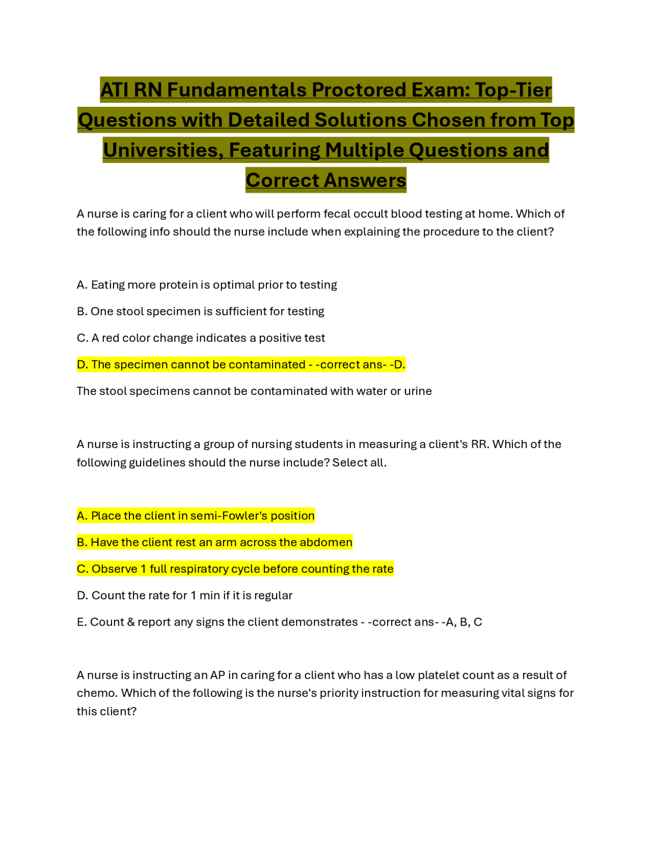 A.T.I RN Fundamentals Proctored Exam Top-Tier Questions with Detailed ...