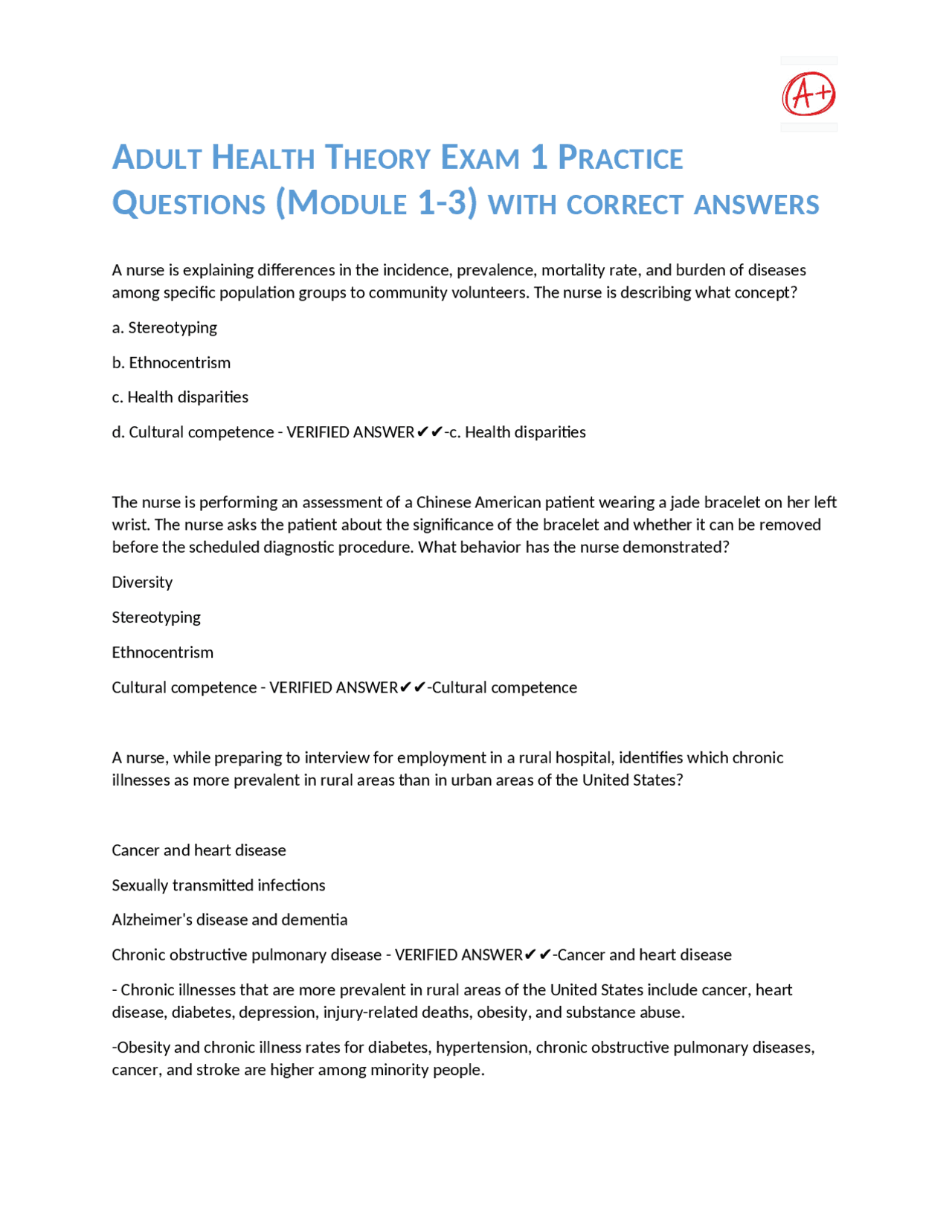 Adult Health Theory Exam 1 Practice Questions (Modules 1-3) with Correct Answers | Exams Health ...