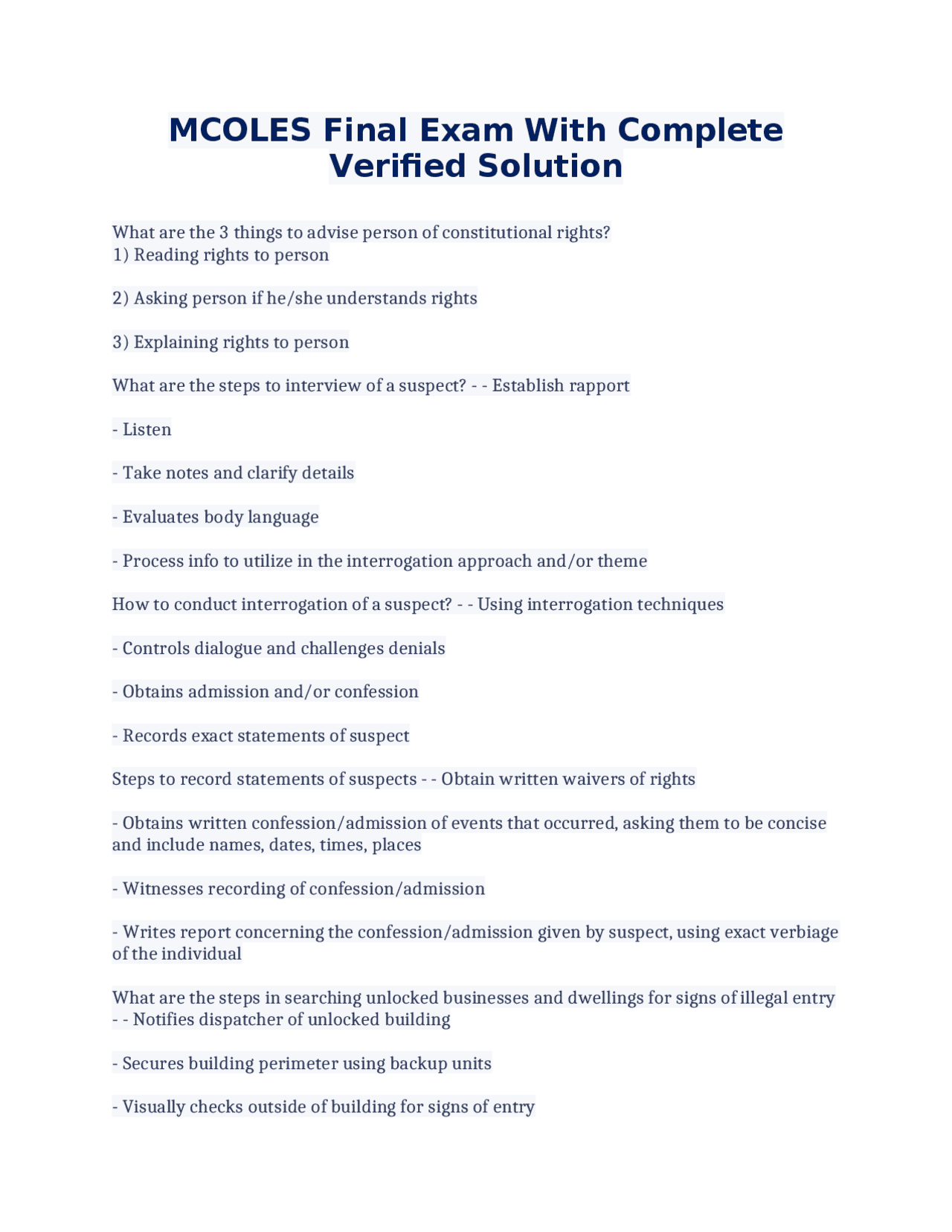 MCOLES Final Exam With Complete Verified Solution | Exams Law | Docsity