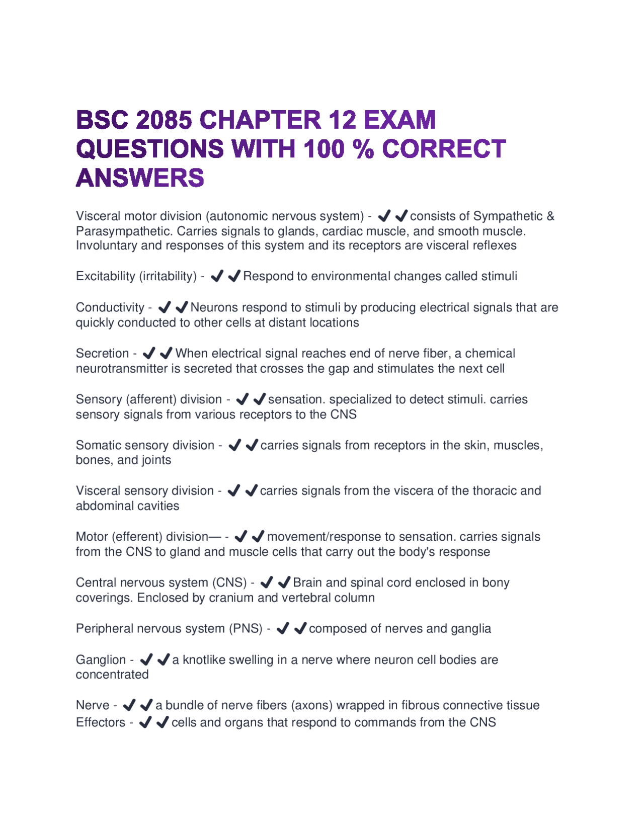 BSC 2085 Chapter 12 Exam Questions and Answers: Nervous System | Exams ...