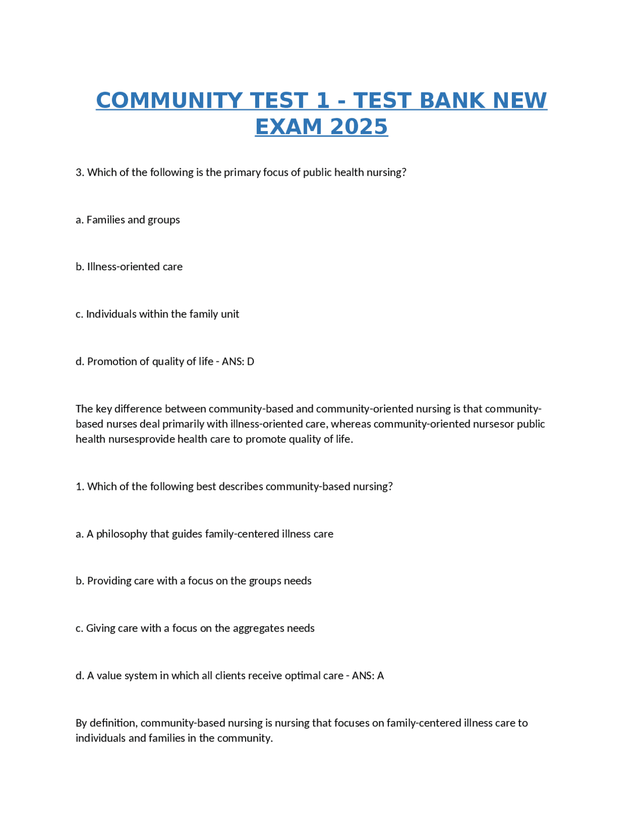 Community Health Nursing: Multiple Choice Questions and Answers | Exams ...