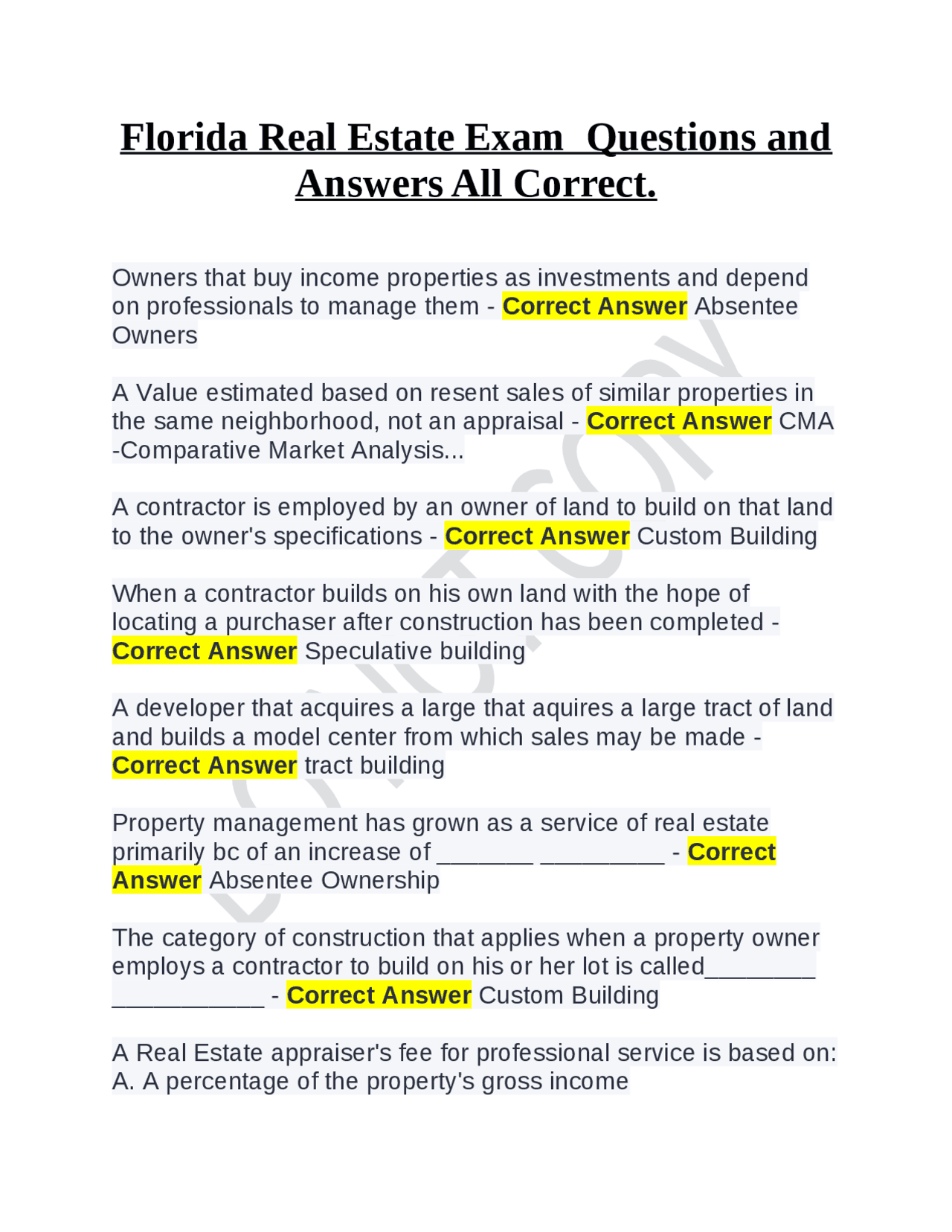 Florida Real Estate Exam Questions and Answers | Exams Real Estate ...