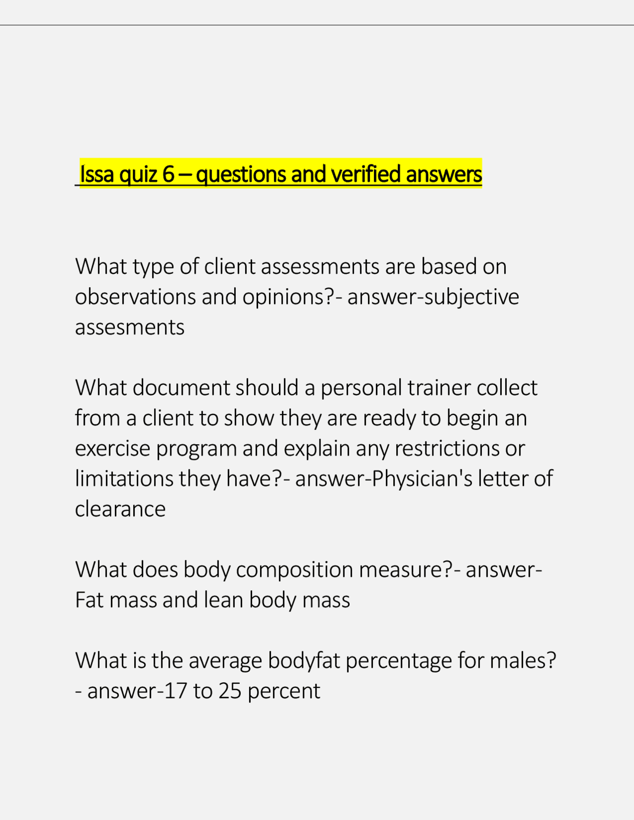 Issa quiz 6 – questions and verified answers | Exams Nursing | Docsity