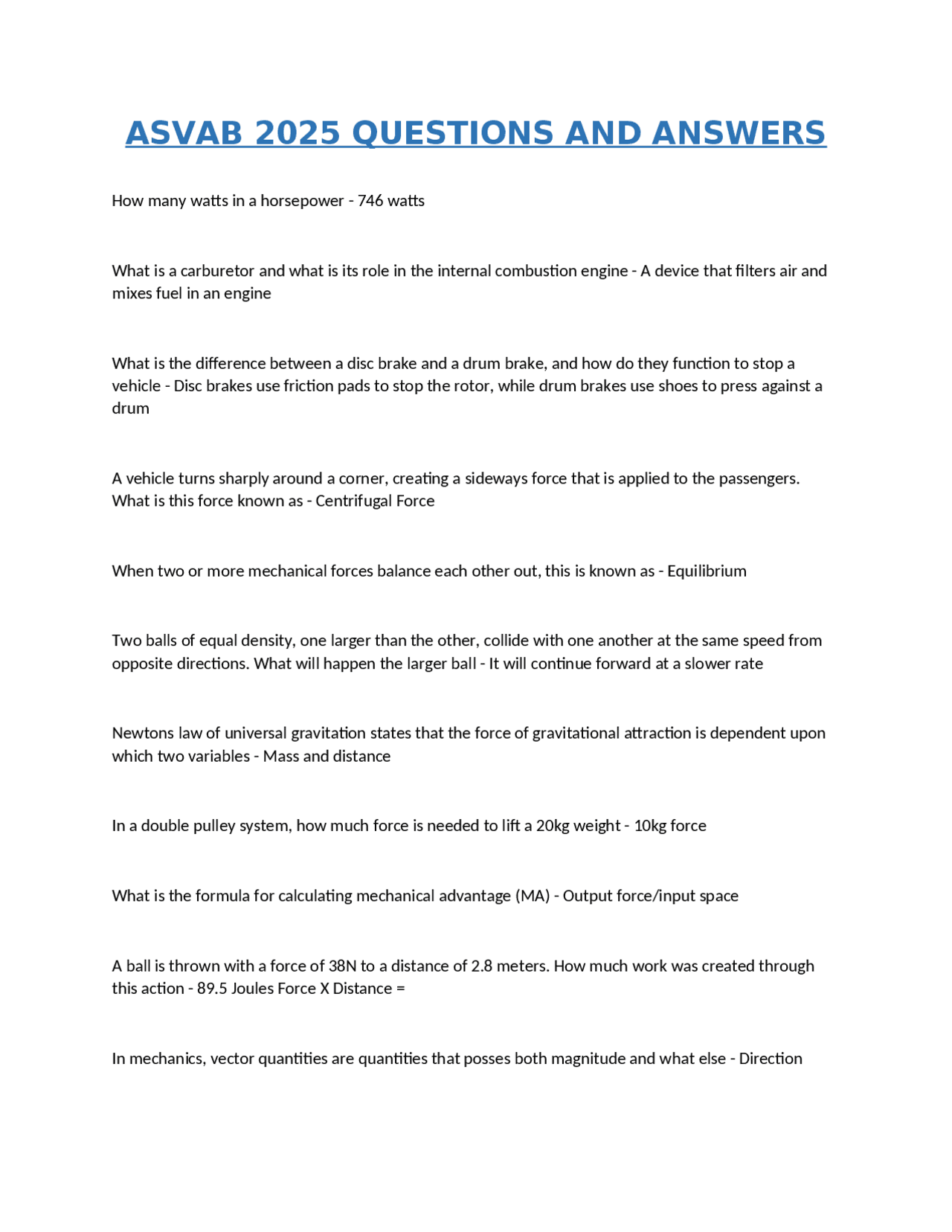 ASVAB 2025: Physics and Engineering Concepts - Questions and Answers ...