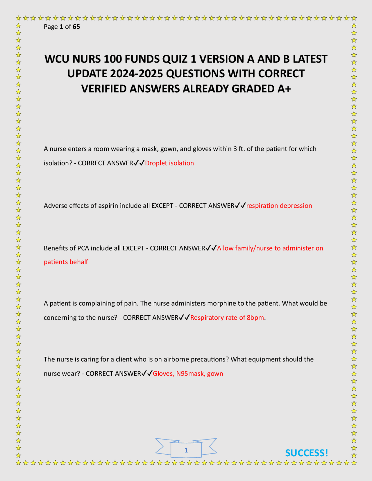WCU NURS 100 FUNDS QUIZ 1 VERSION A AND B LATEST UPDATE 2024-2025 ...