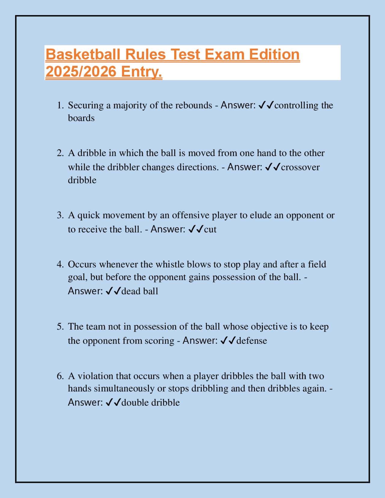 Basketball Rules Test Exam Edition: 2025/2026 Entry | Exams Physical ...
