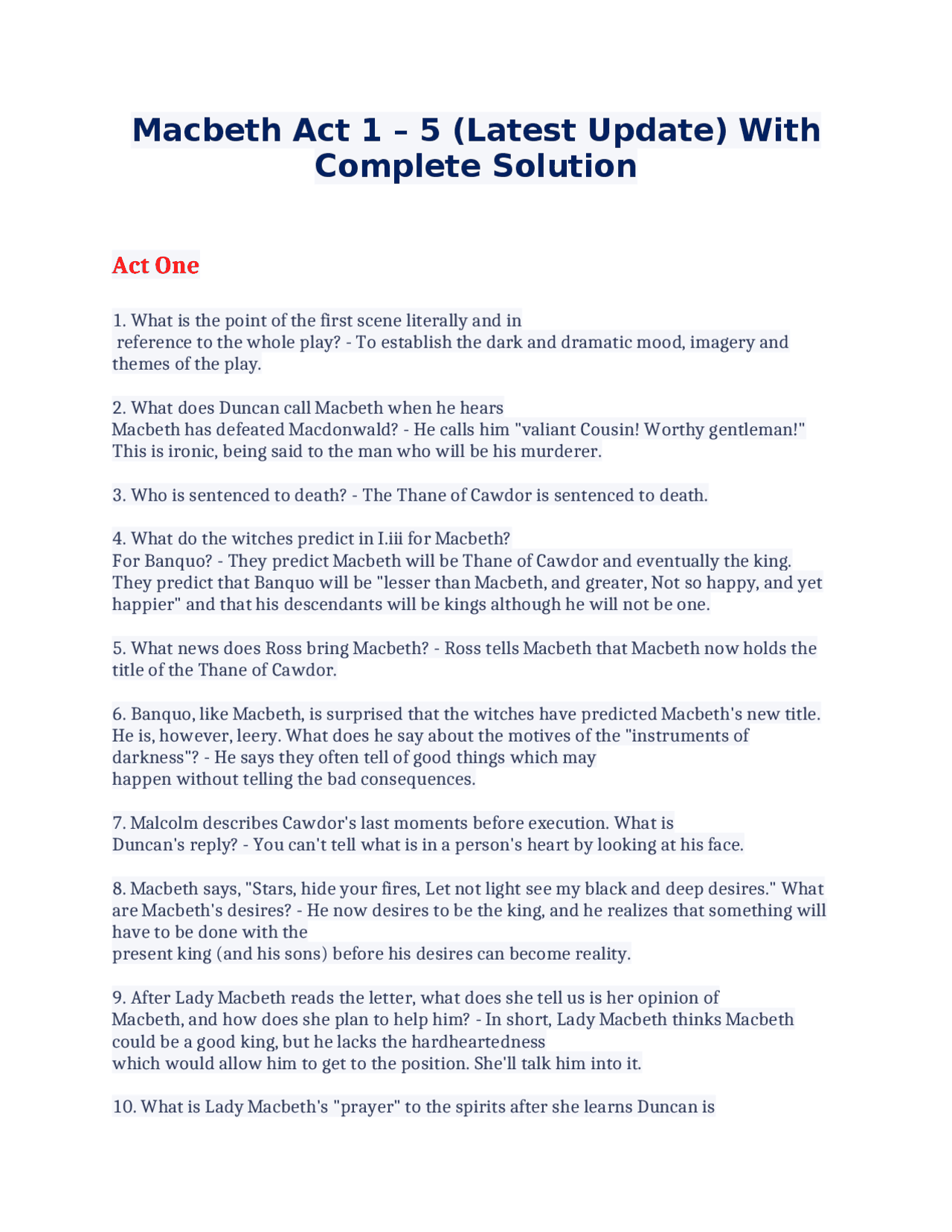 Macbeth Act 1 – 5 (Latest Update) With Complete Solution | Exams ...
