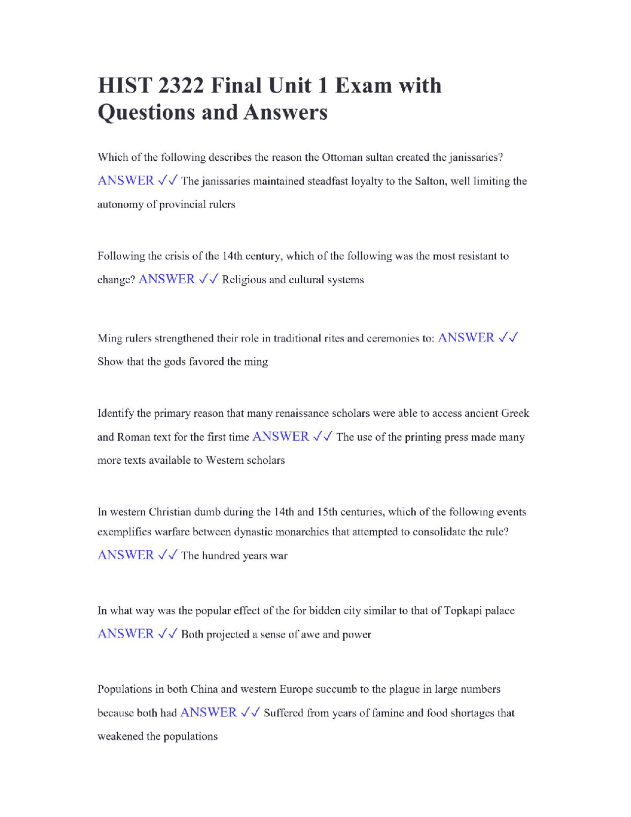 HIST 2322 Final Unit 1 Exam with Questions and Answers | Exams ...