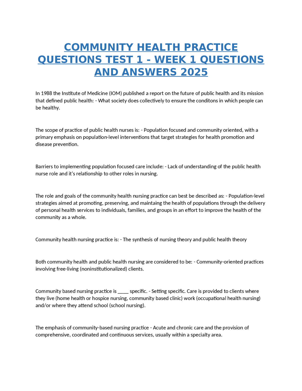 Community Health Practice: Questions and Answers for Week 1 | Exams ...