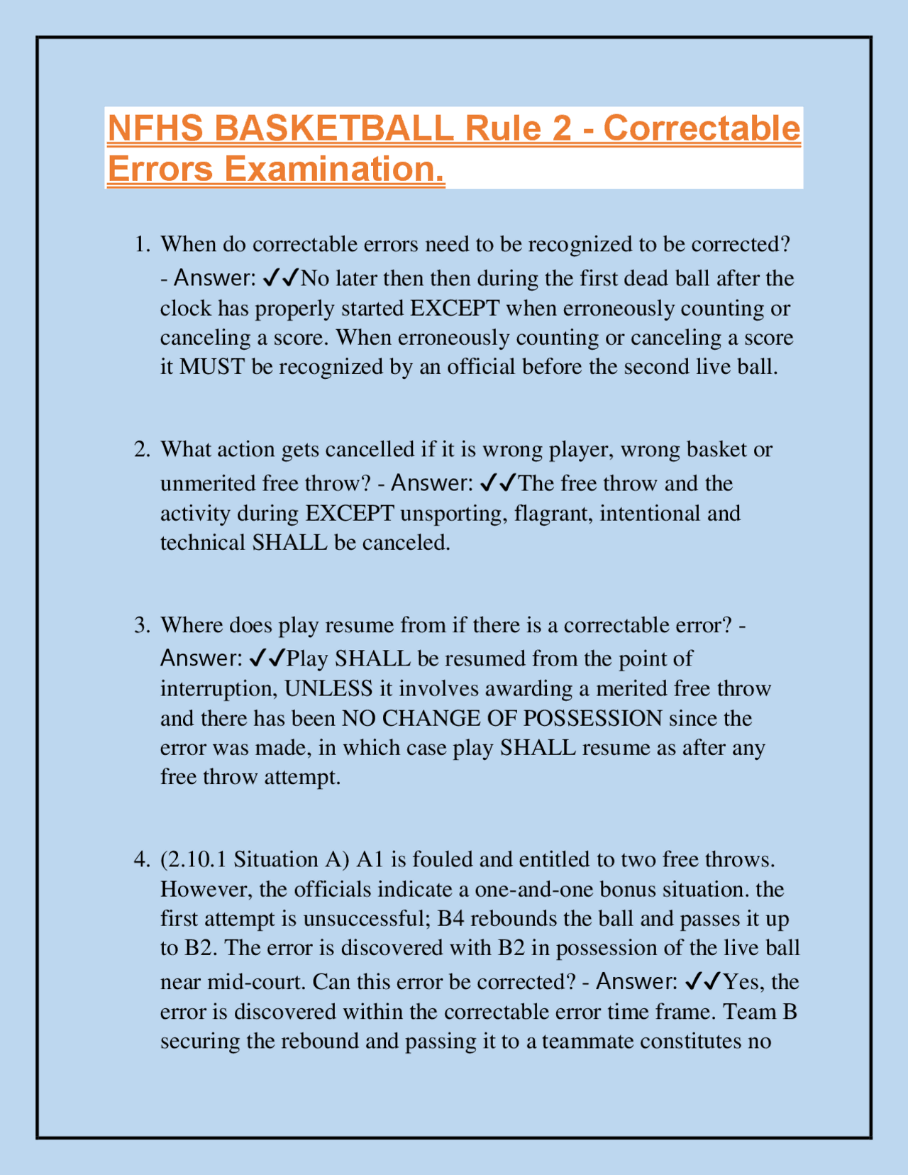 NFHS Basketball Rule 2: Correctable Errors Examination | Exams Physical ...
