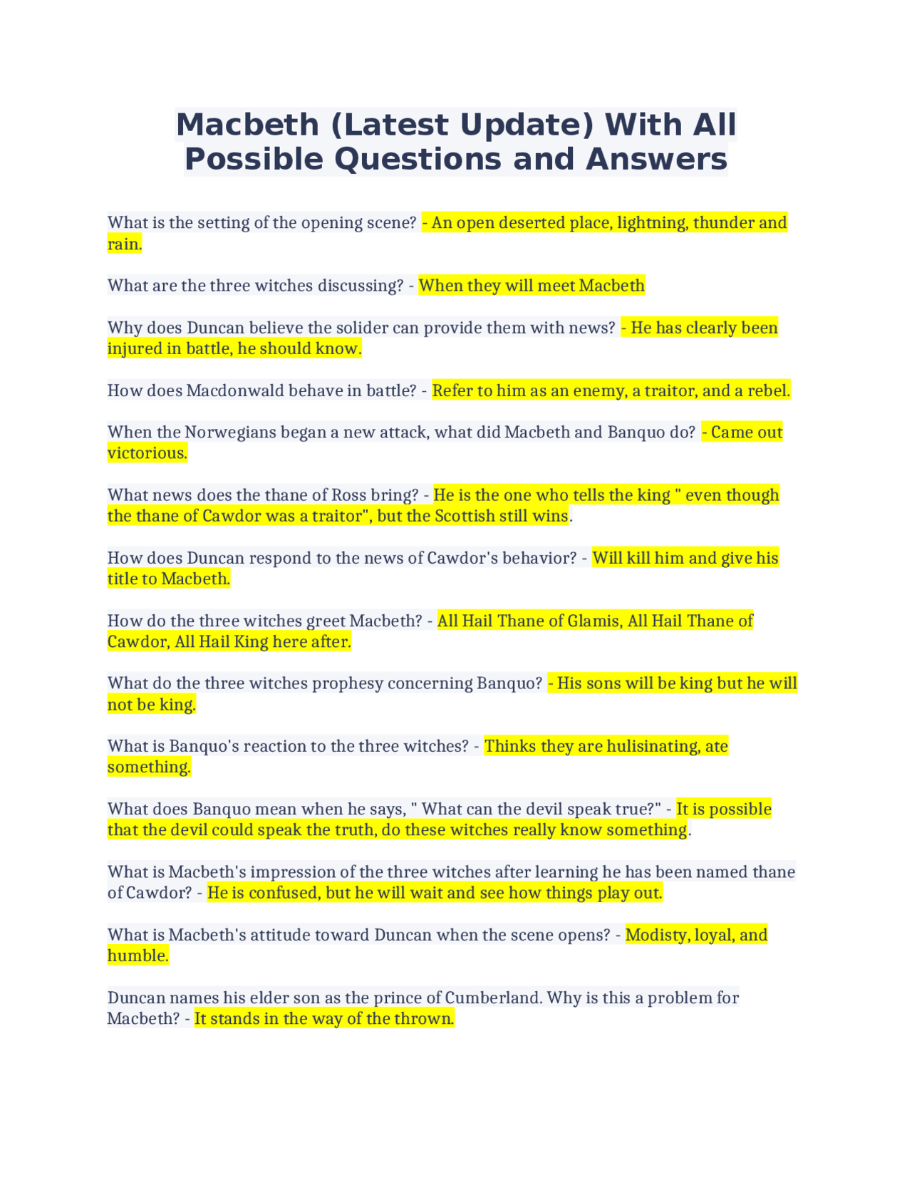 Macbeth Study Guide: Questions and Answers | Exams Advanced Education ...