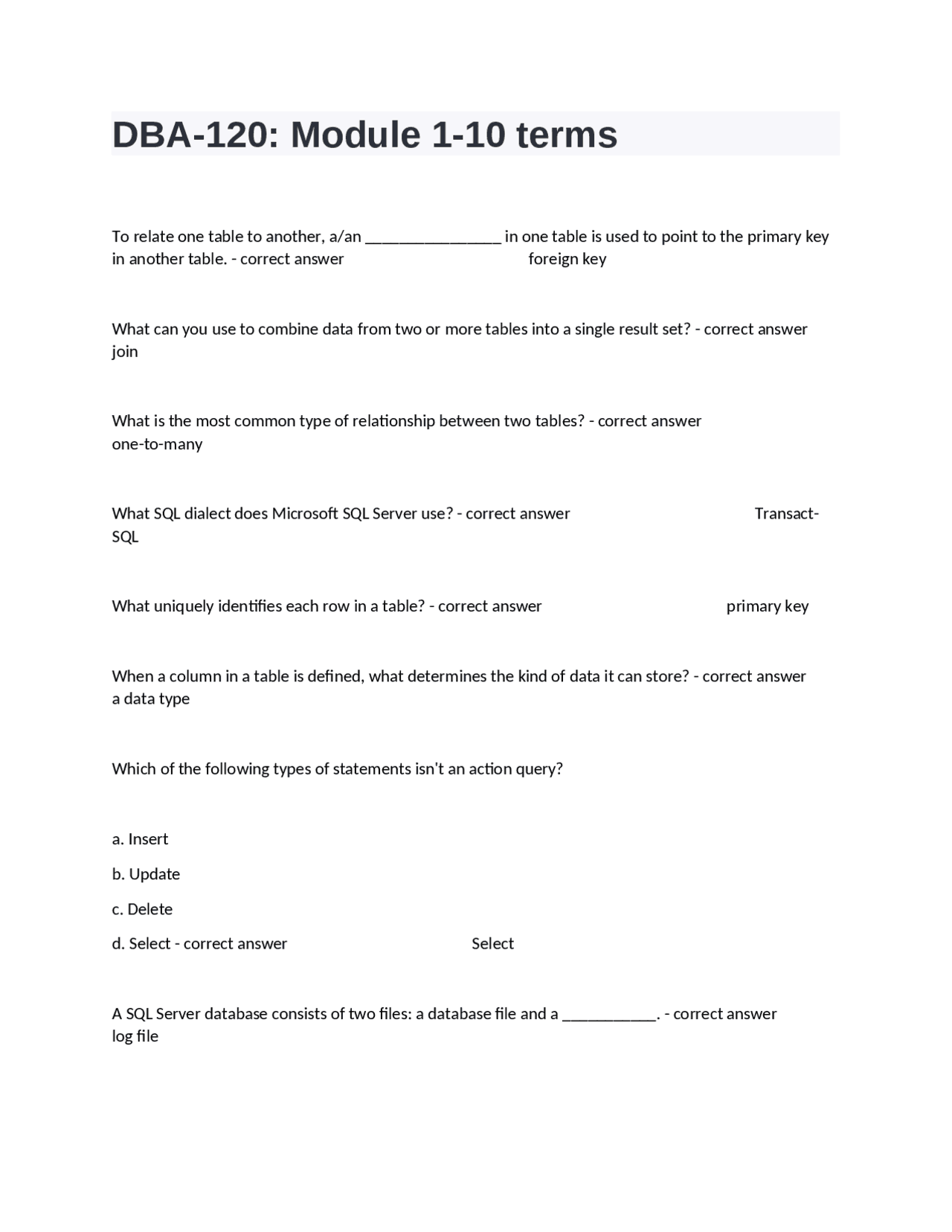 DBA Complete Study Exam Questions And Answers. | Exams Nursing | Docsity