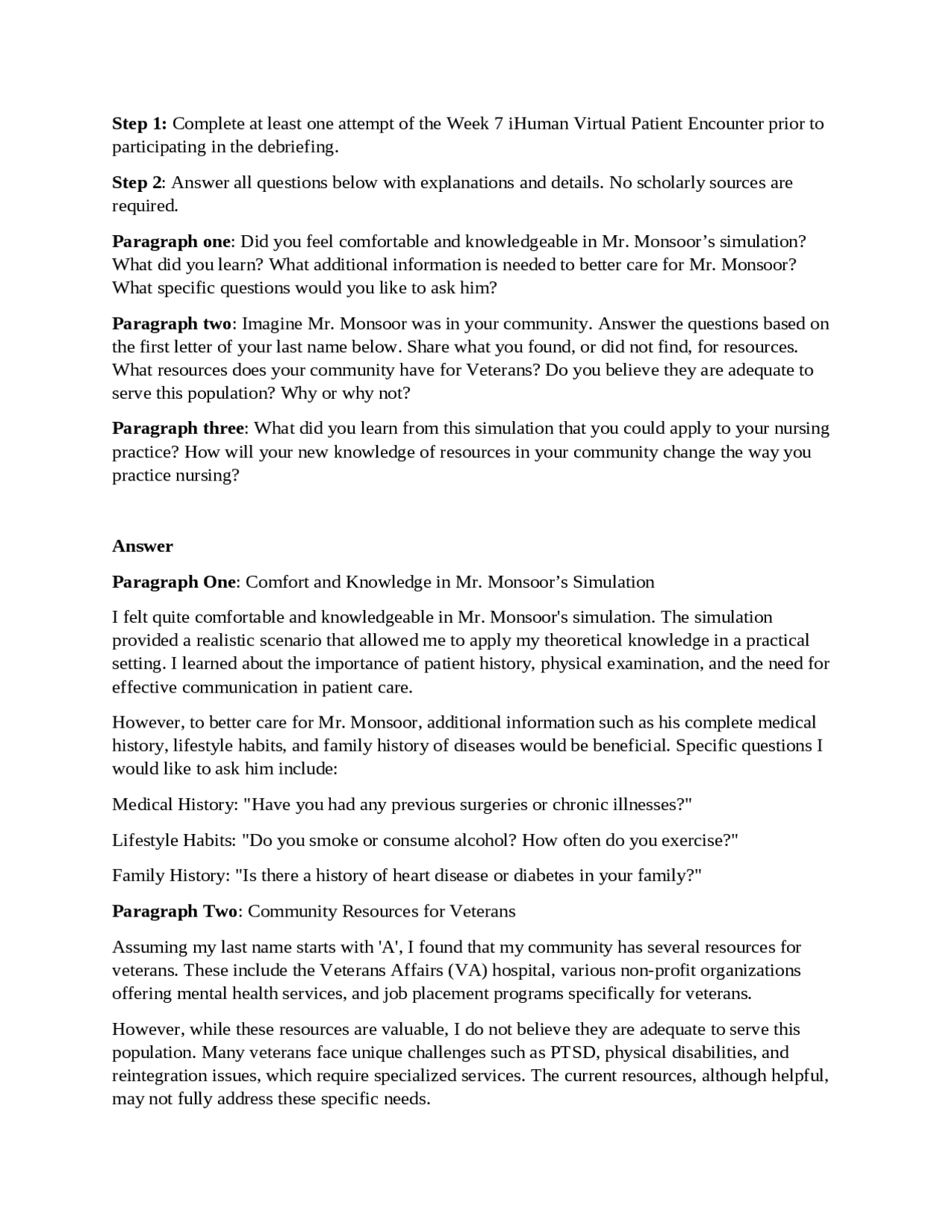 Nr 436 Week 7 Simulation Ihuman Virtual Patient Encounter