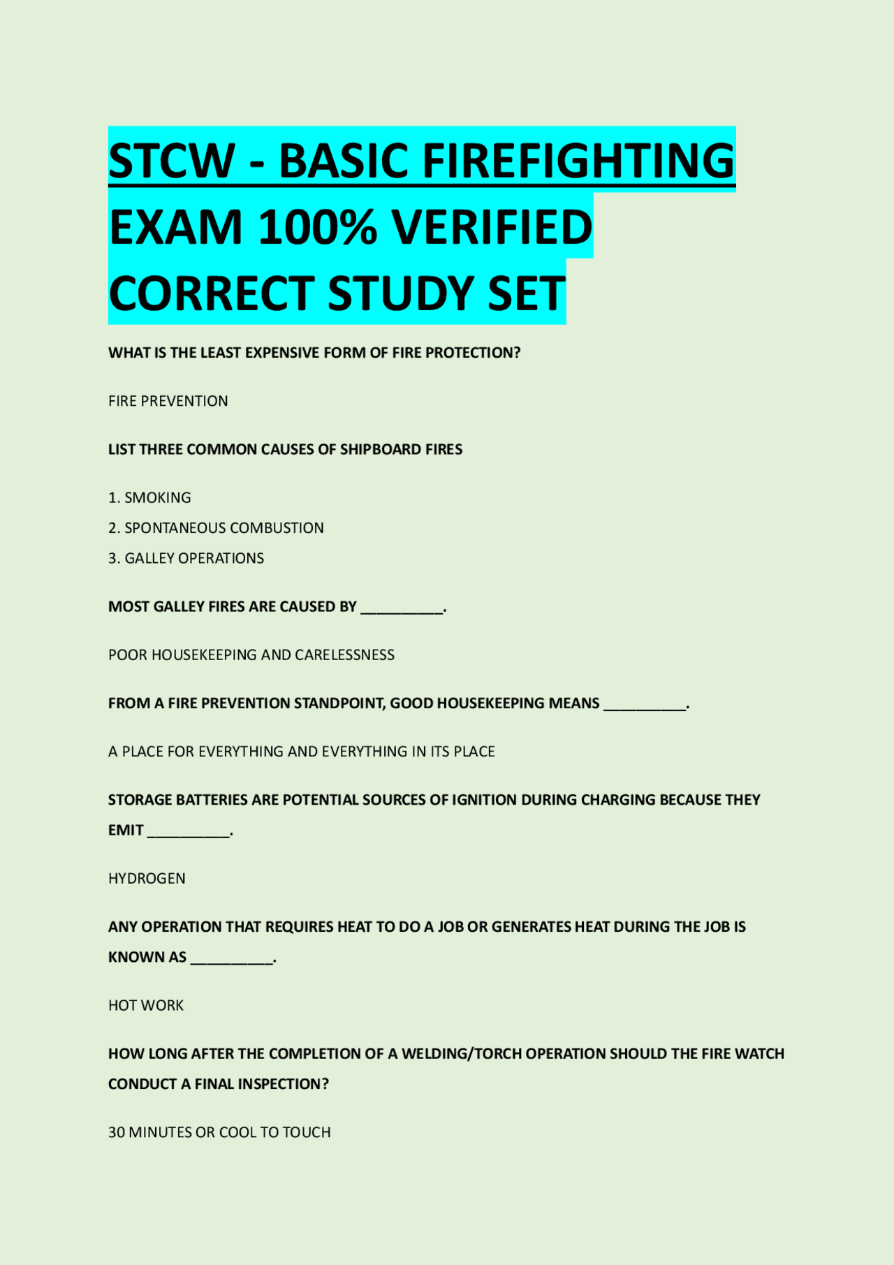 STCW - BASIC FIREFIGHTING EXAM 100% VERIFIED CORRECT STUDY SET | Exams ...