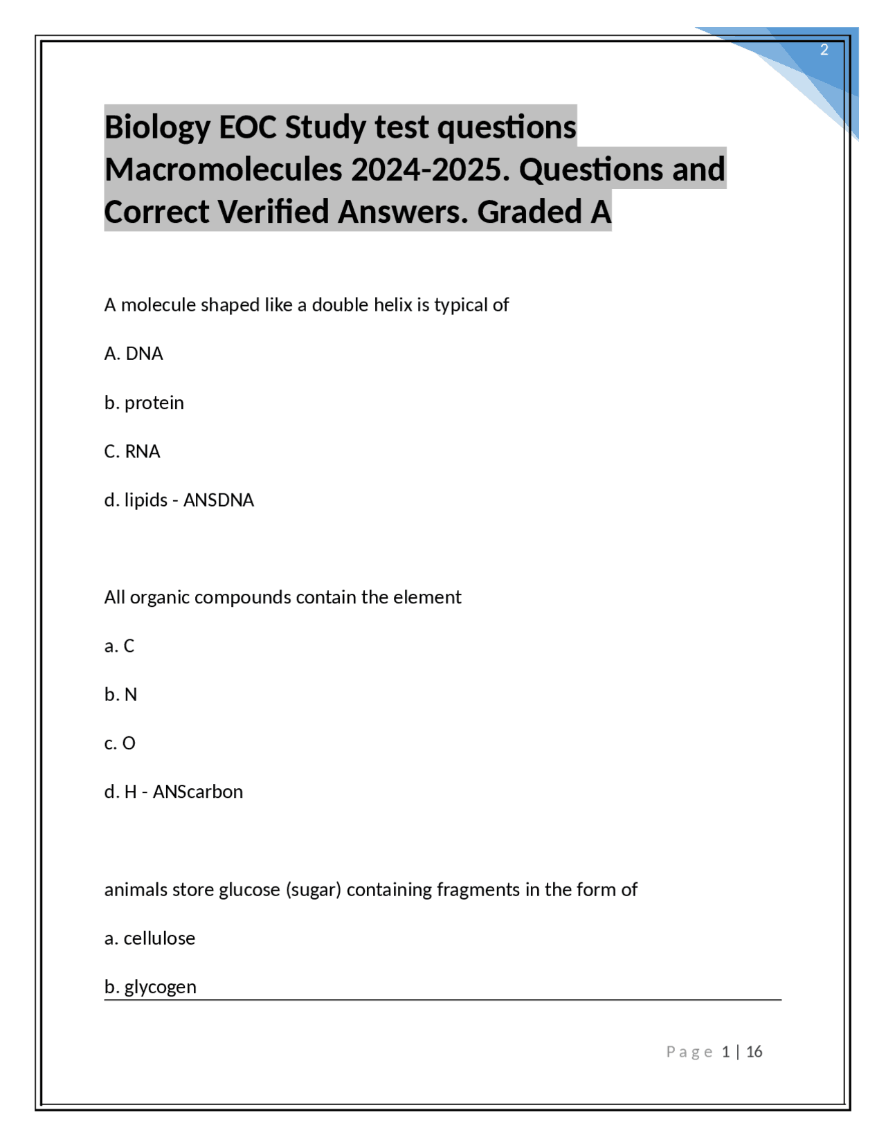 Biology EOC Study test questions Macromolecules 2024-2025. Questions ...