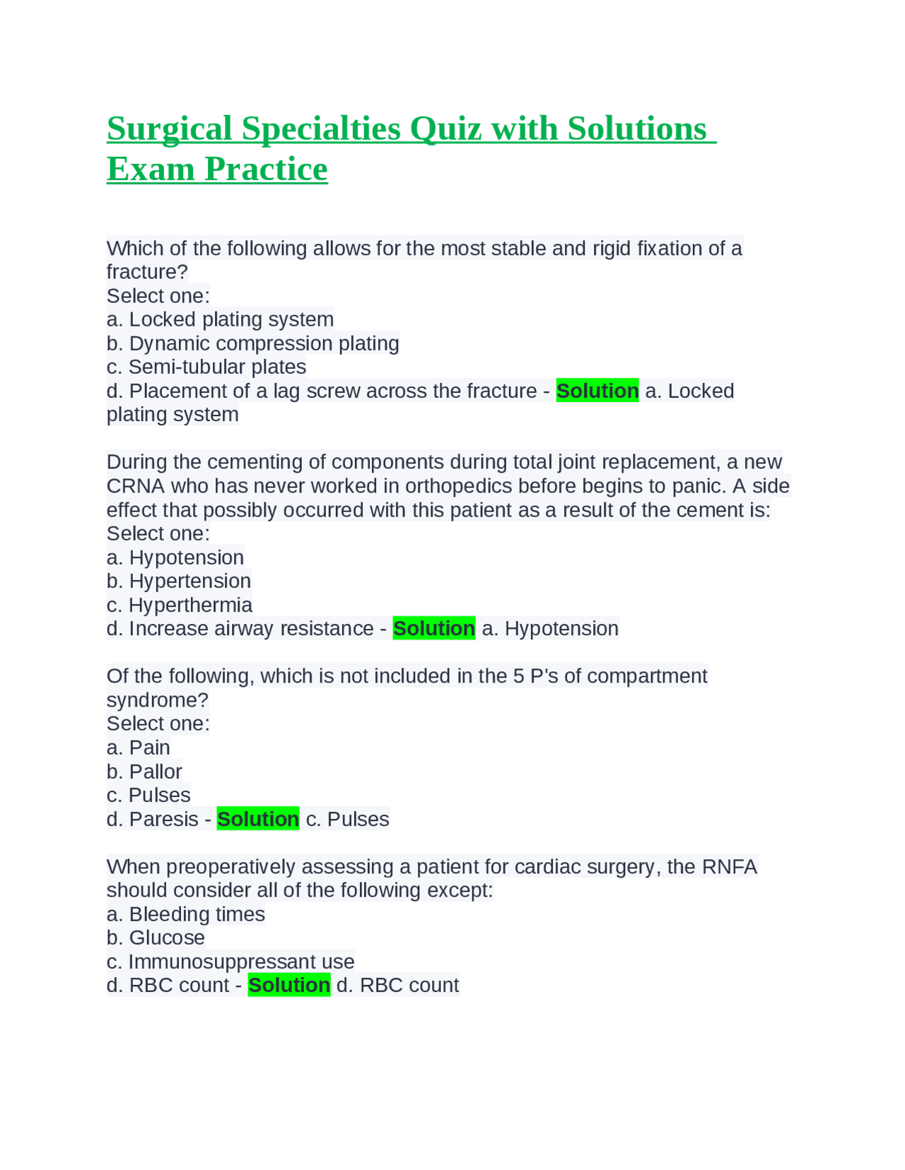 Surgical Specialties Quiz with Solutions Exam Practice | Exams ...
