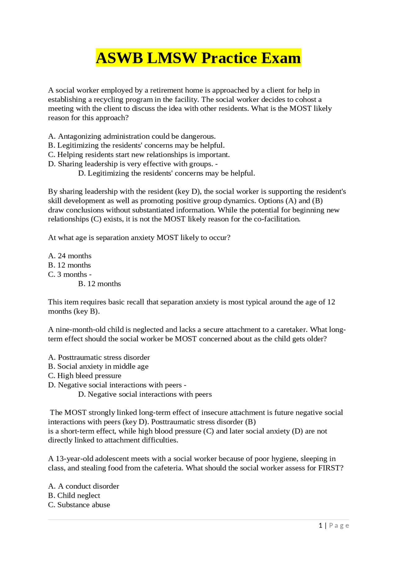 ASWB LMSW Practice Exam. | Exams Social Work | Docsity