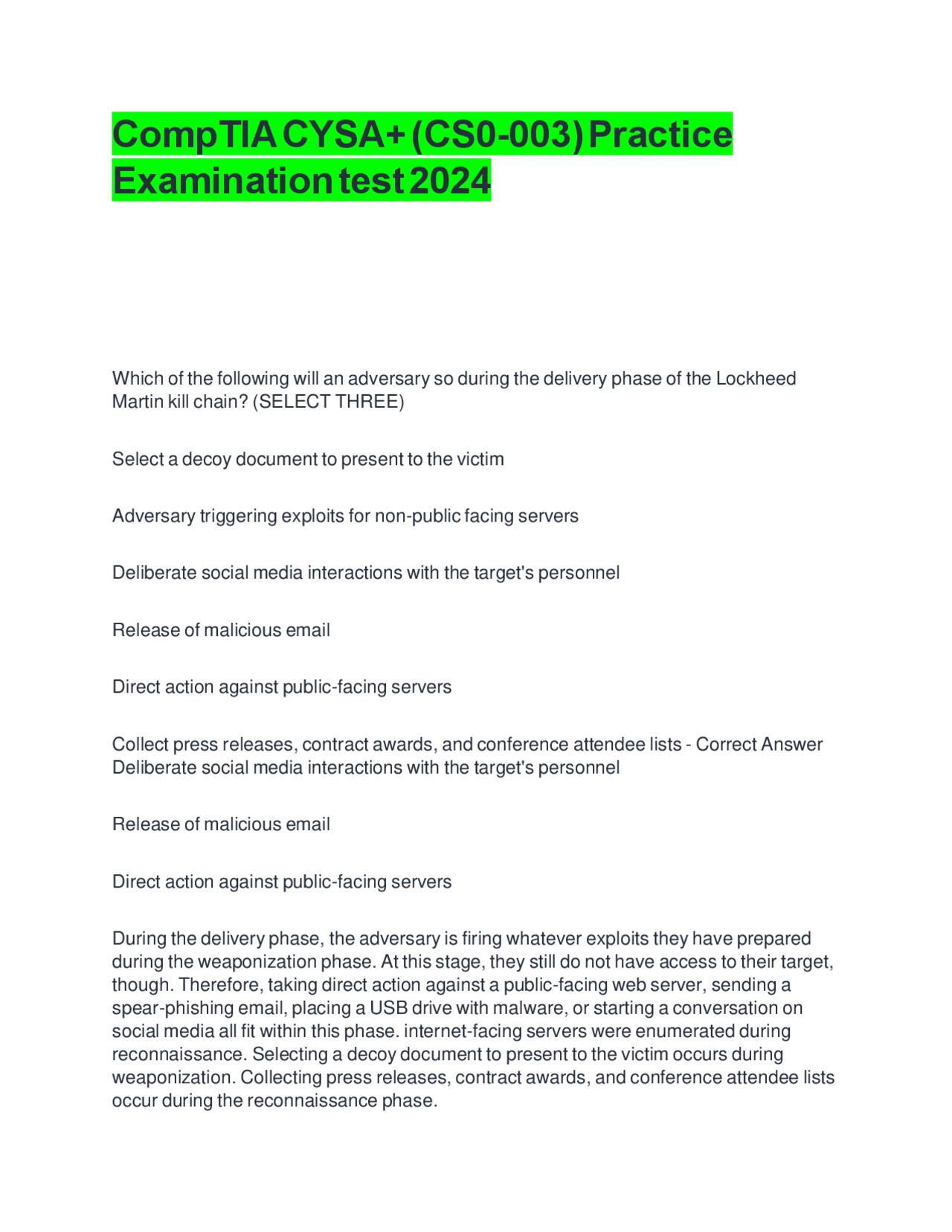 CompTIA CYSA+ (CS0-003) Practice Examination test 2024 | Exams Computer ...