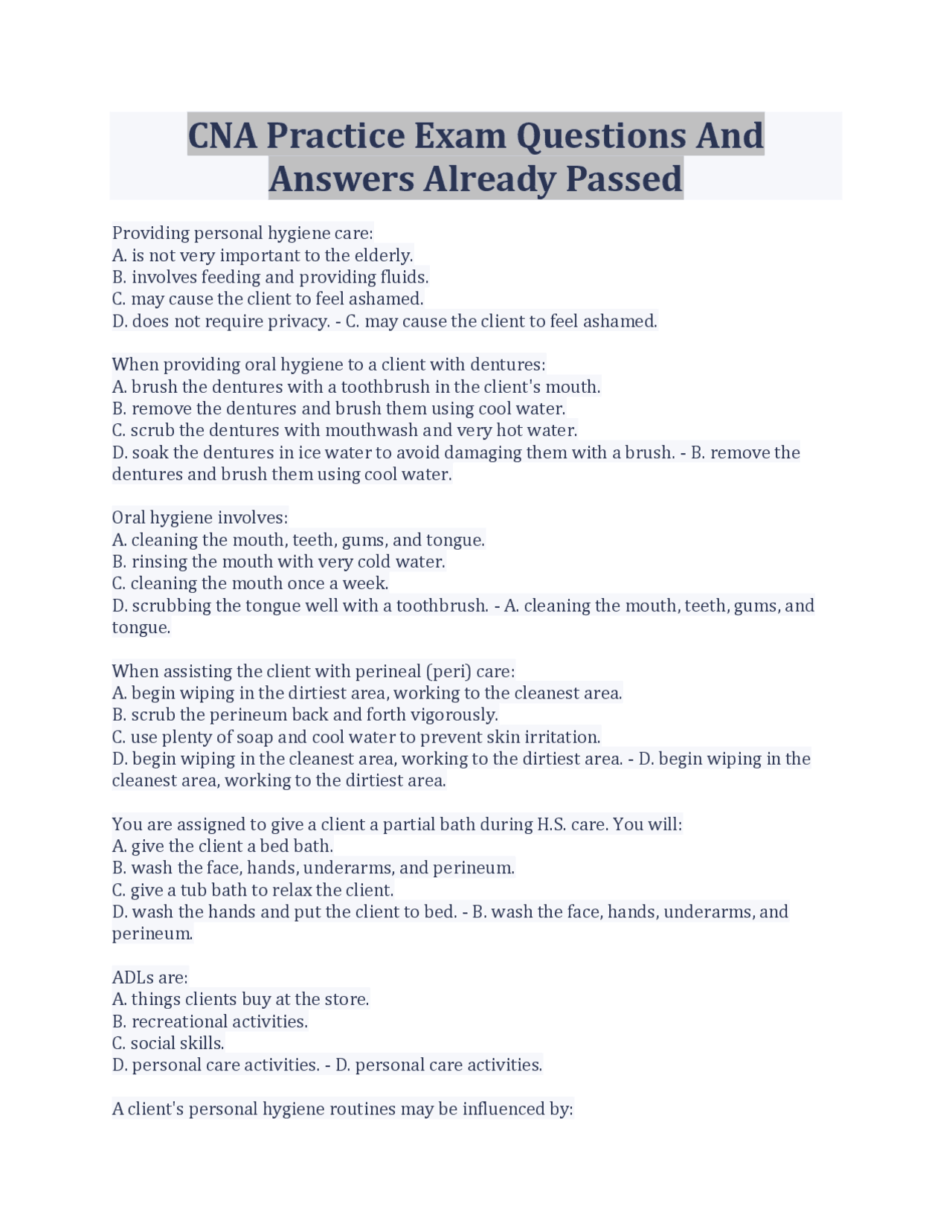 CNA Practice Exam Questions and Answers: Personal Hygiene Care | Exams ...