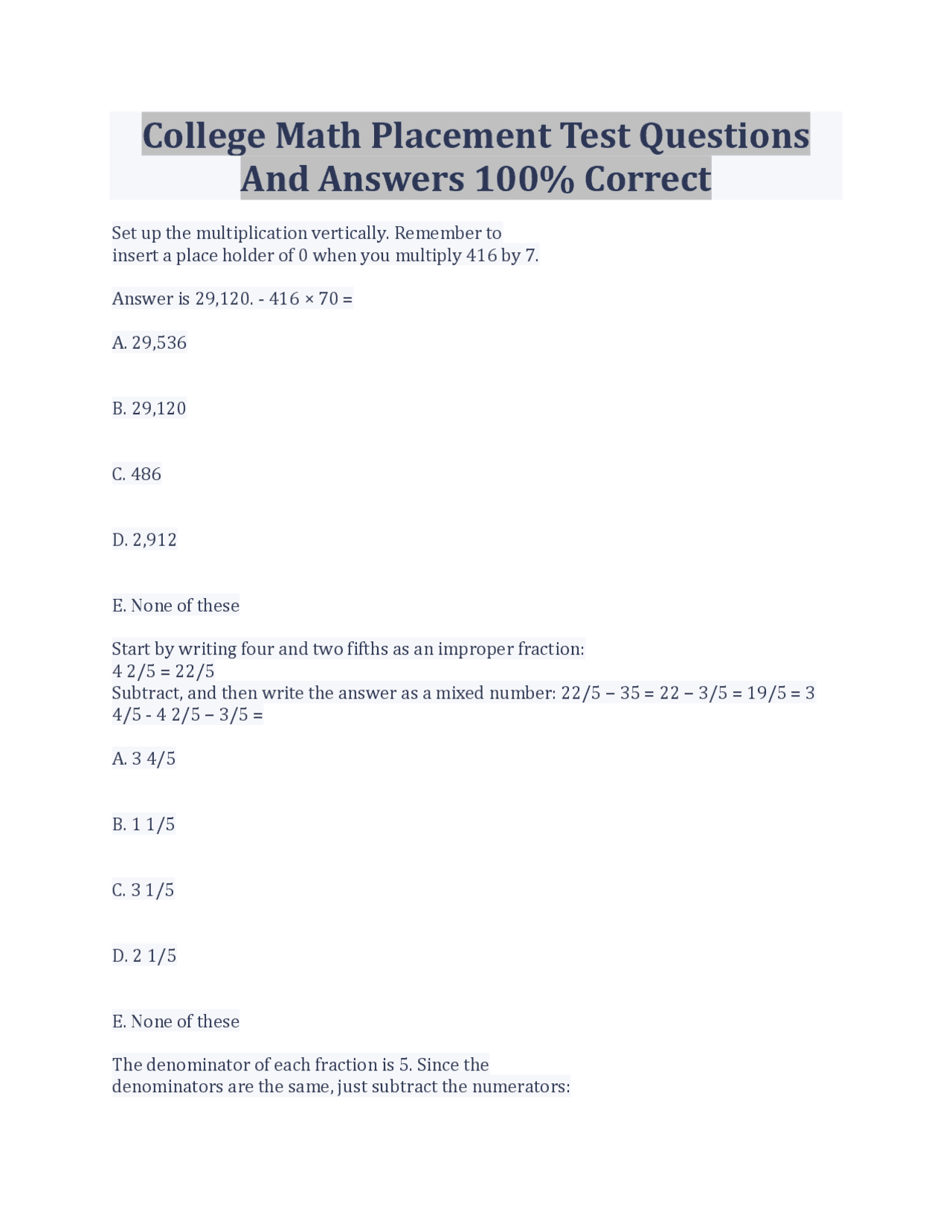 College Math Placement Test Questions and Answers | Exams Mathematics ...