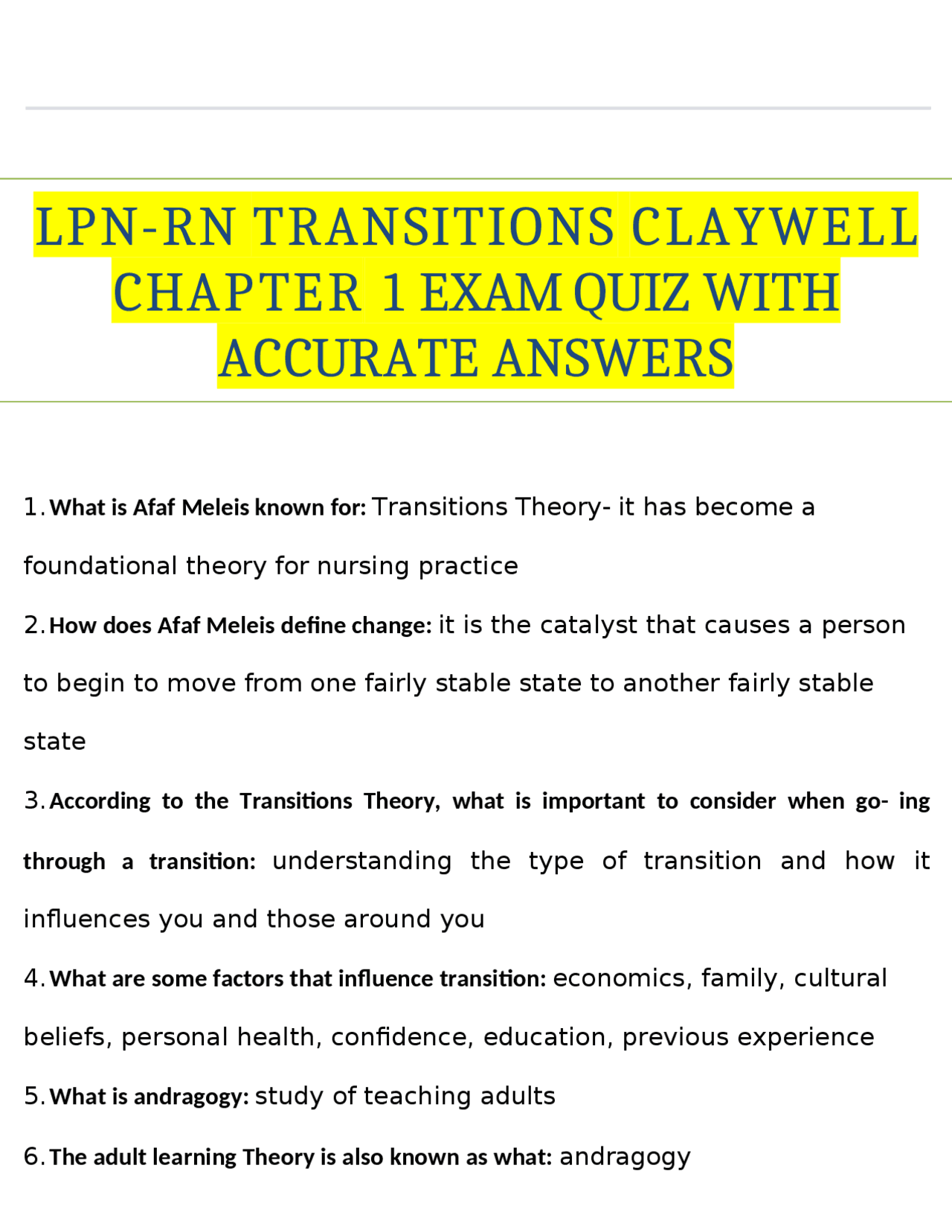 LPN-RN TRANSITIONS CLAYWELL CHAPTER 1 EXAM QUIZ WITH ACCURATE ANSWERS ...