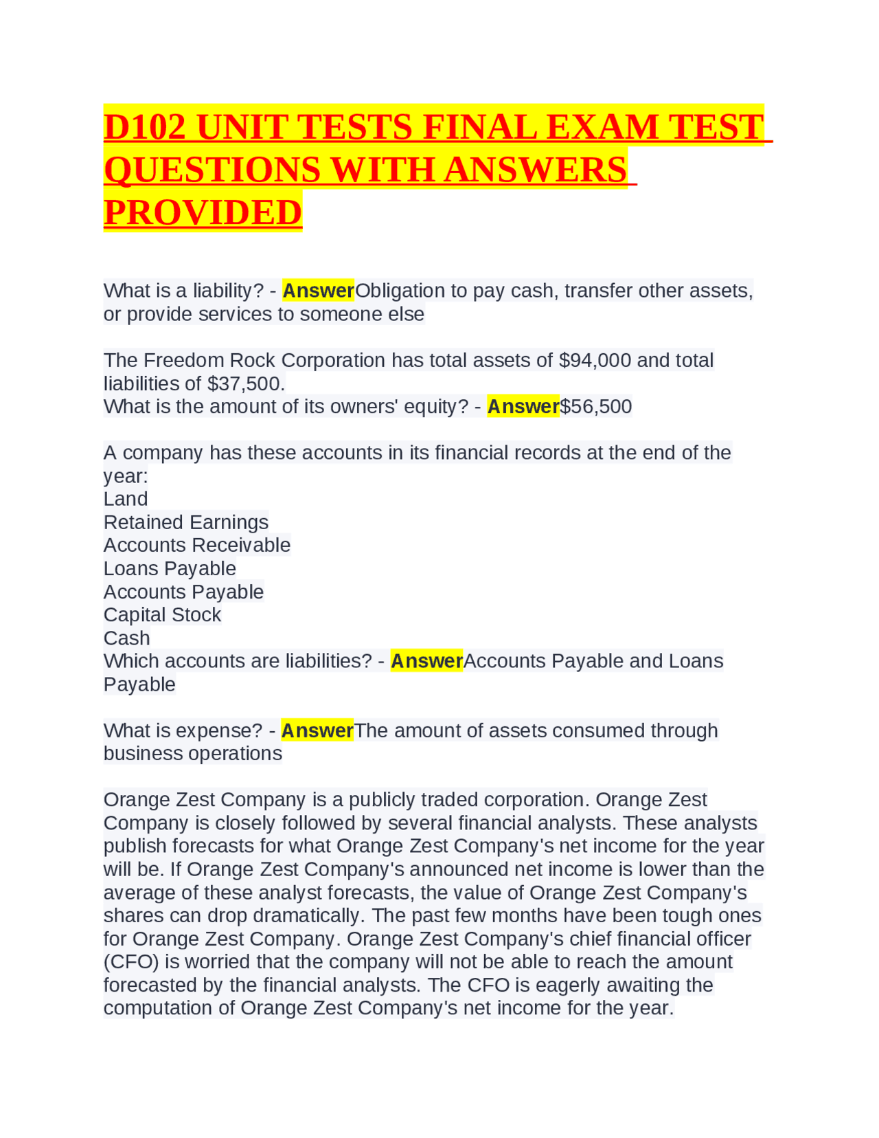 Financial Accounting: Unit Tests Final Exam Questions and Answers ...