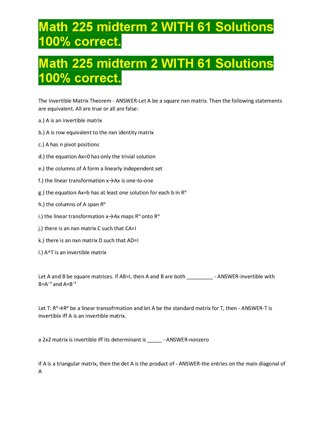 Math 225 midterm 2 WITH 61 Solutions 100% correct. | Exams Mathematics ...