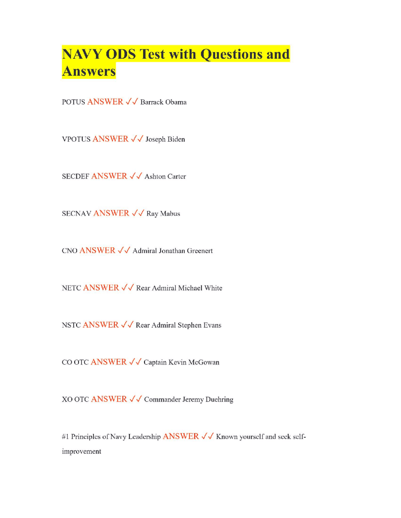 NAVY ODS Test with Questions and Answers | Exams Military leadership ...