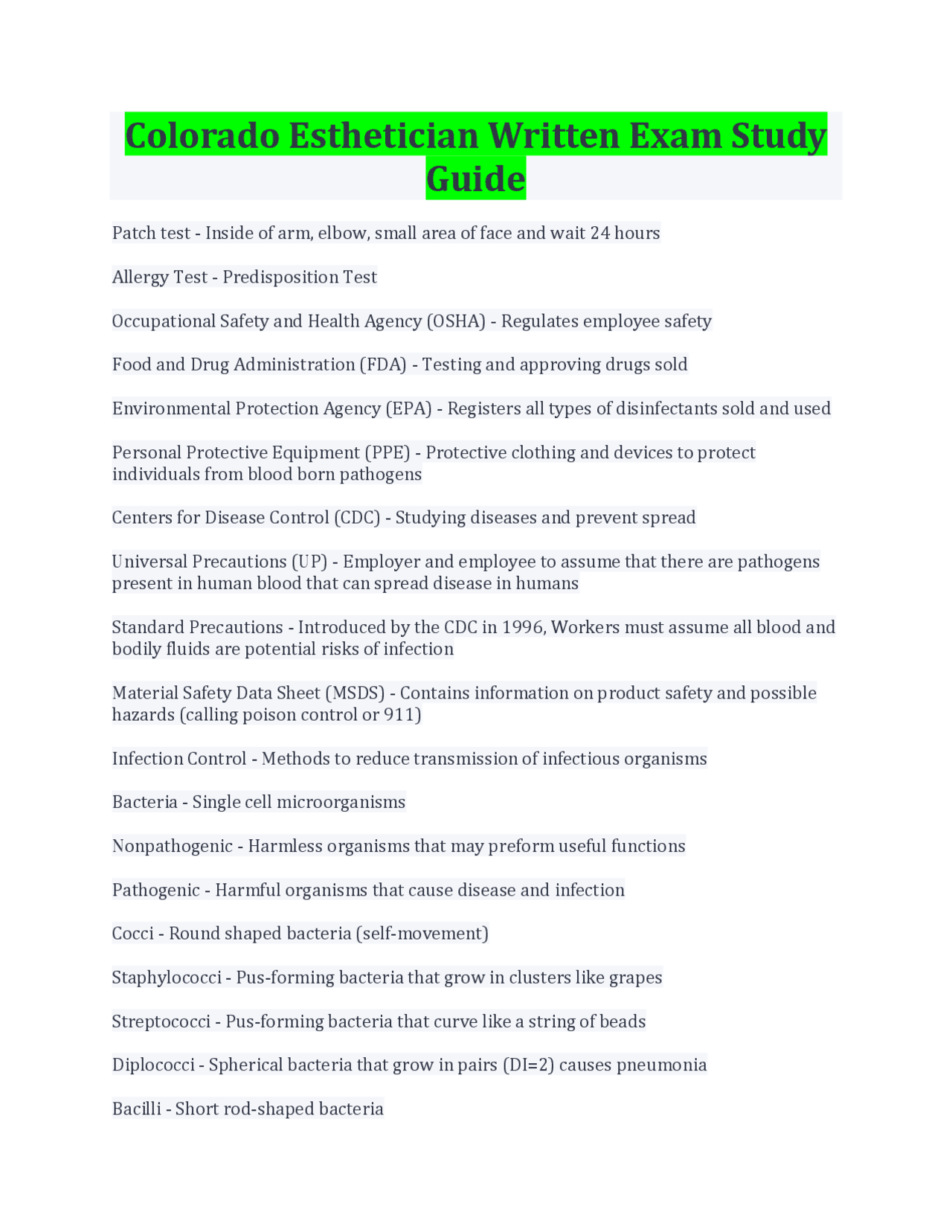 Colorado Esthetician Written Exam Study Guide: Key Concepts and ...