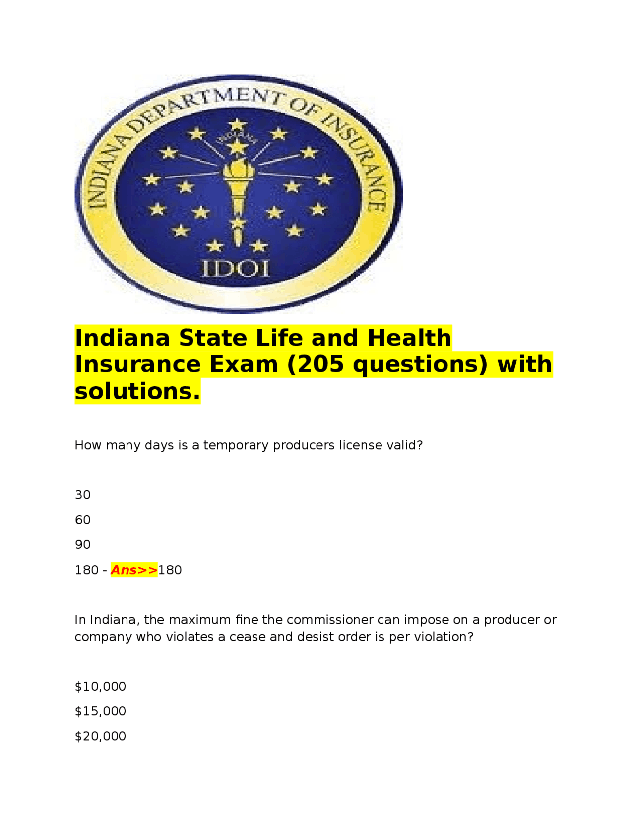 Indiana State Life and Health Insurance Exam (205 Questions) with ...