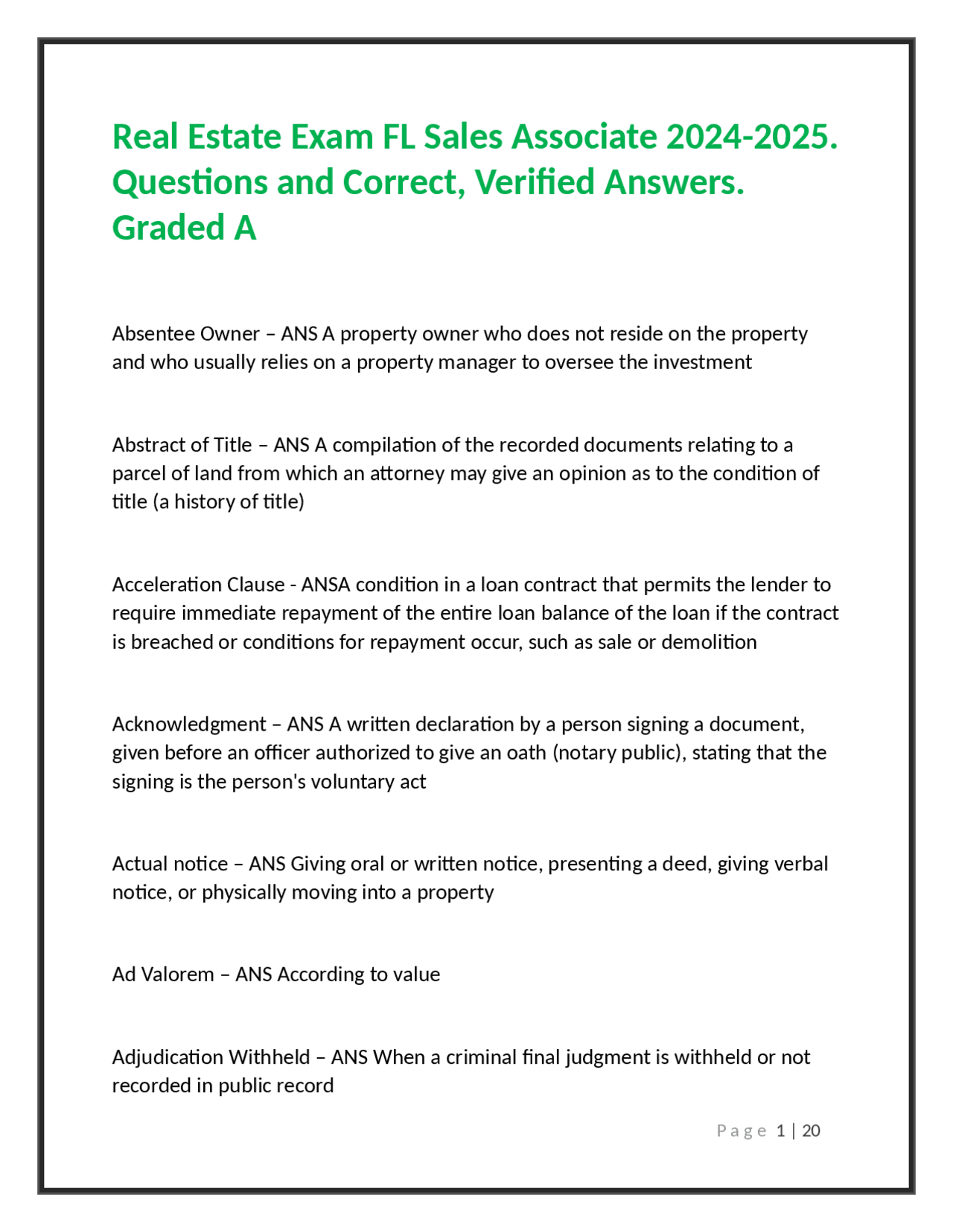 Real Estate Exam FL Sales Associate 2024-2025: Questions and Answers ...